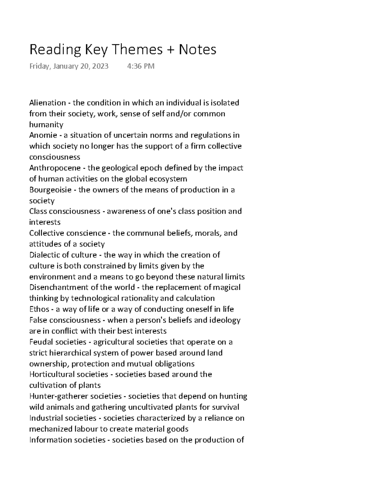 Reading Key Themes + Notes - Alienation - the condition in which an ...