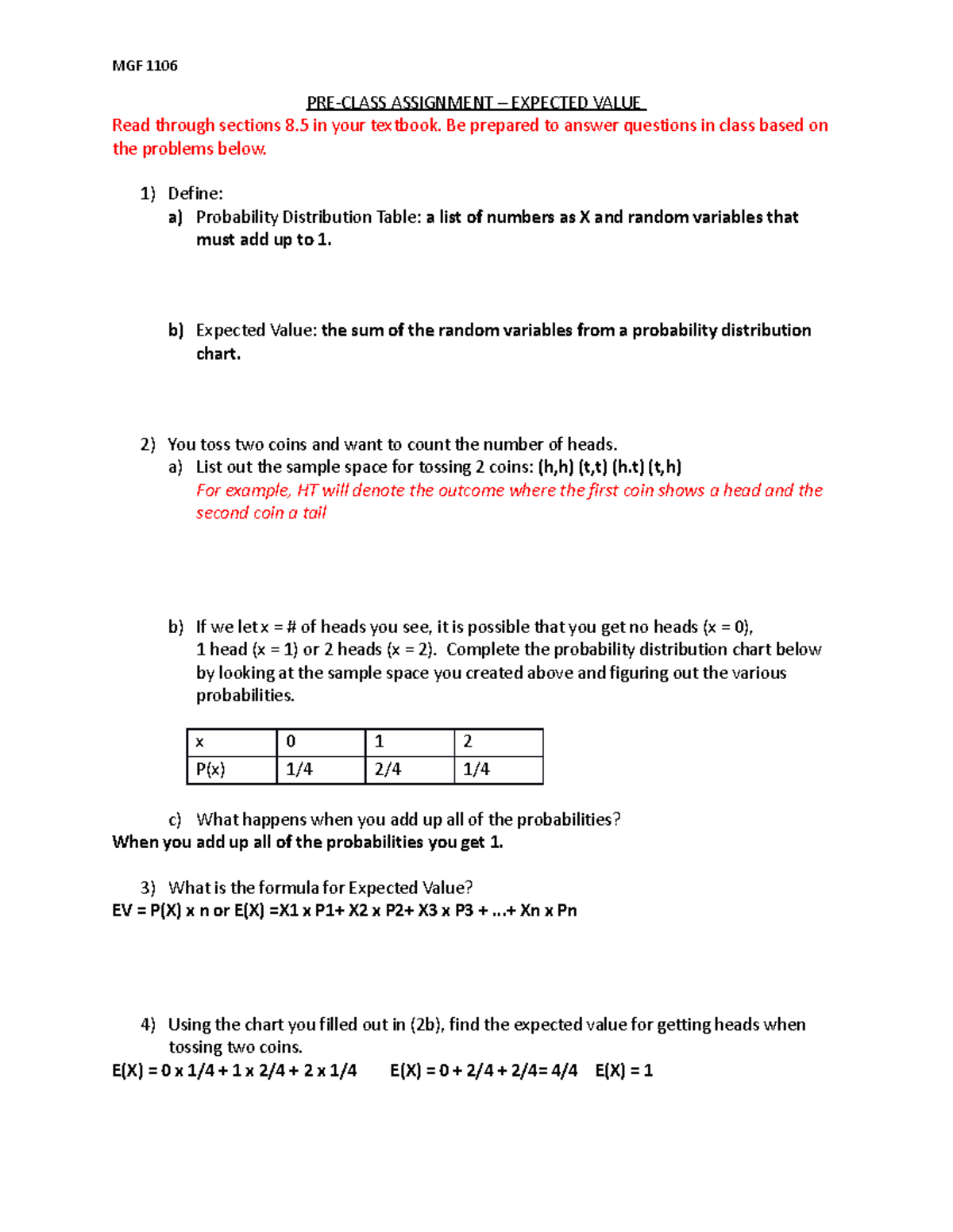 Pre-Class Week 7 (Expected Value) Fall - MGF 1106 PRE-CLASS ASSIGNMENT ...