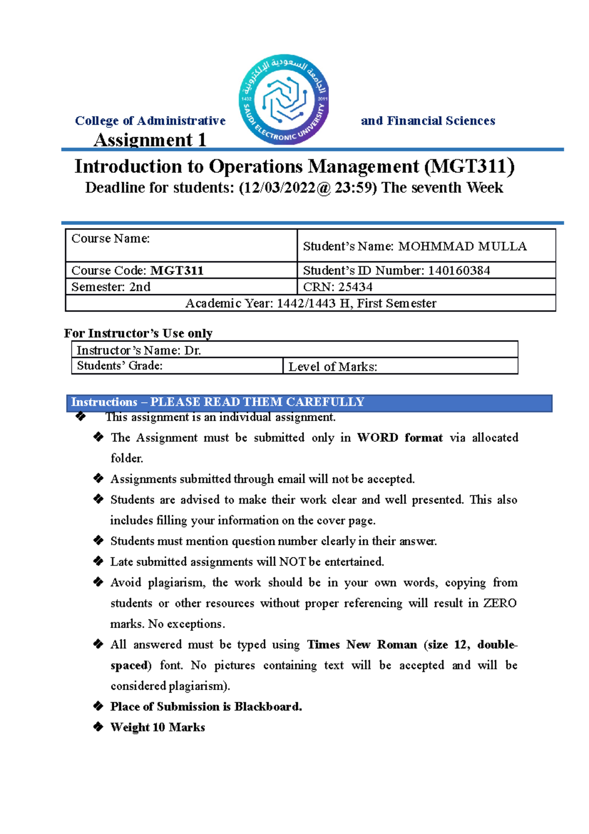 MGT311 Assignment number 1 - College of Administrative and Financial ...