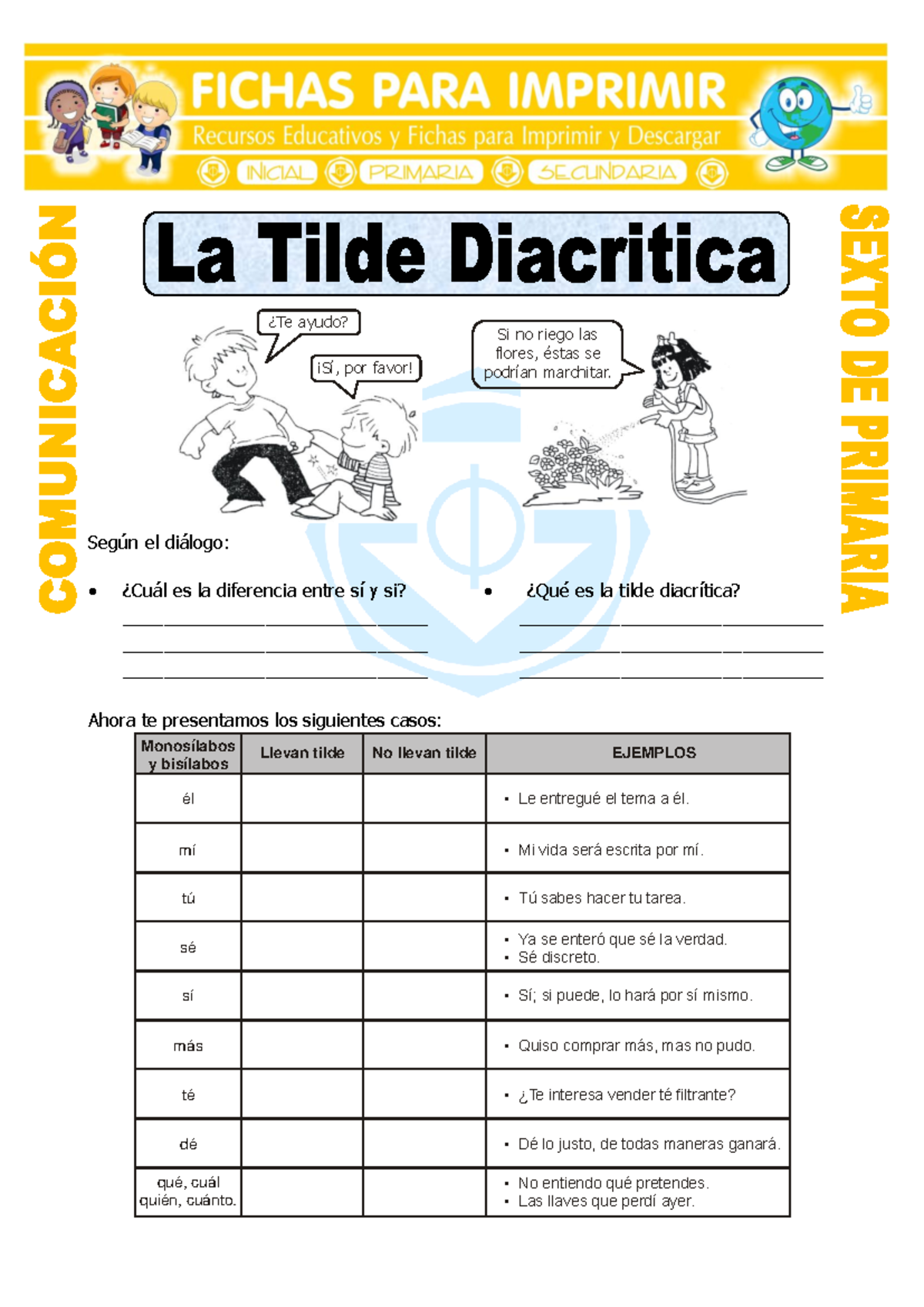 Ficha La Tilde Diacritica para Sexto de Primaria - ¿Te ayudo? ¡Sí, por ...