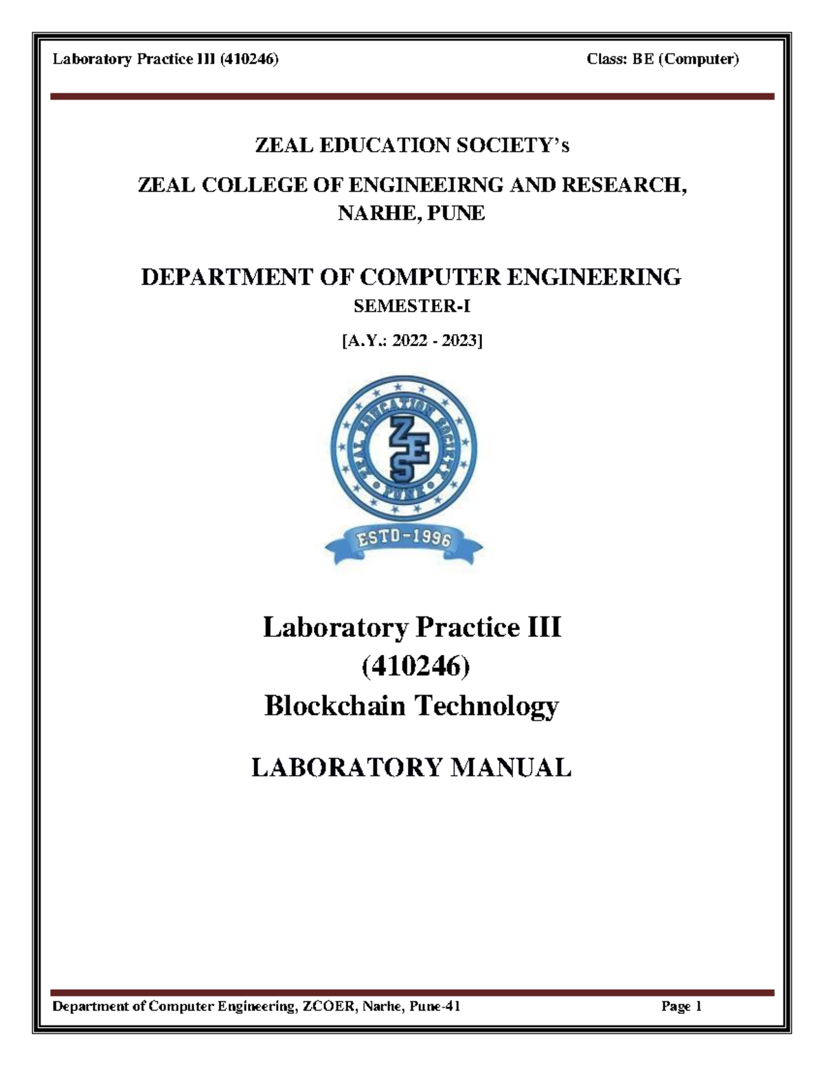 BCT LP-III LAB Manual 2022-23 - ZEAL EDUCATION SOCIETY’s ZEAL COLLEGE OF ENGINEEIRNG AND ...