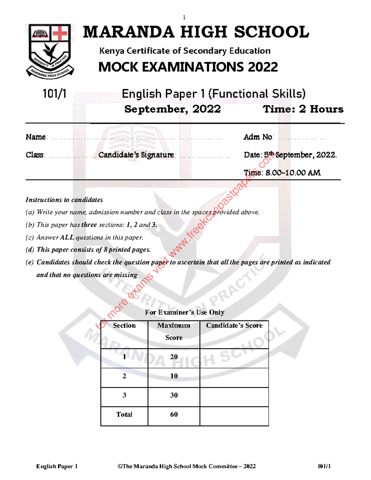 English P1 QS - Maranda High School Mock 2022 - MARANDA HIGH SCHOOL Kenya Certificate of ...