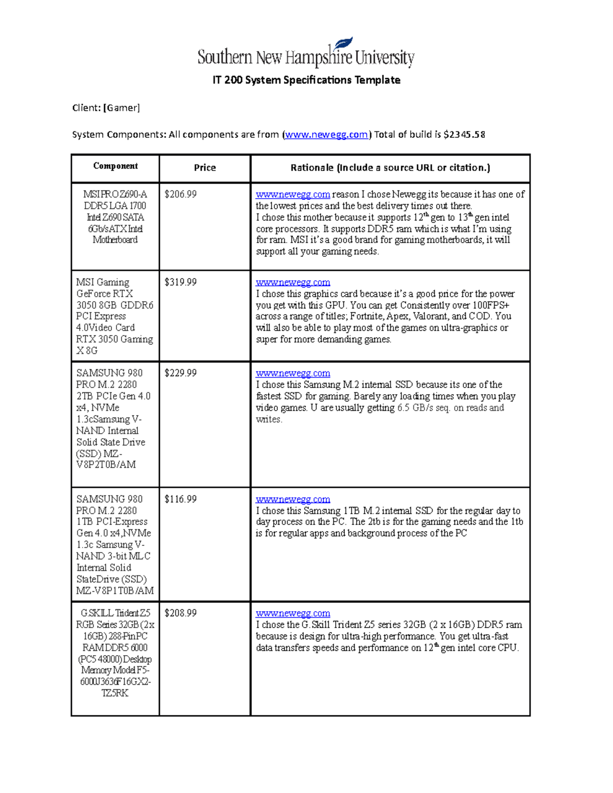 2-1 Constructing a Computer System - IT 200 System Specifications Template Client: [Gamer ...