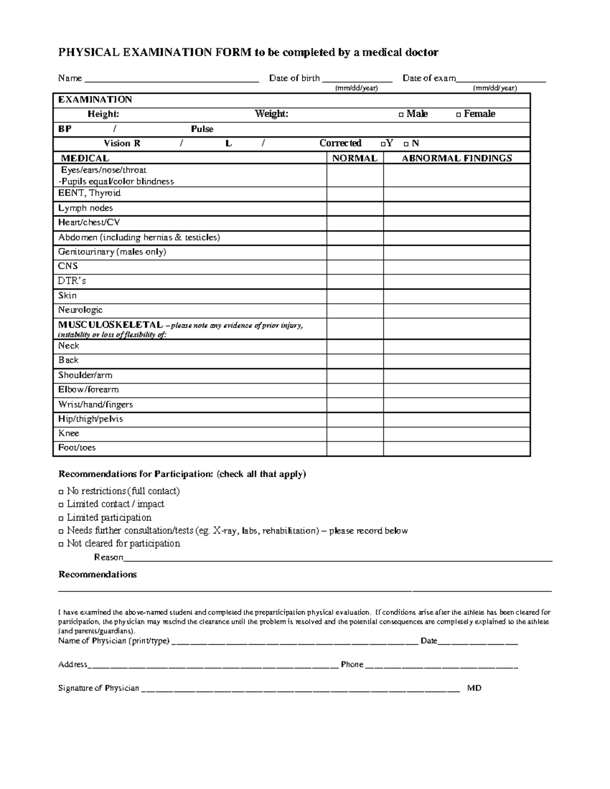 Physical examination form doctor clearance - PHYSICAL EXAMINATION FORM ...