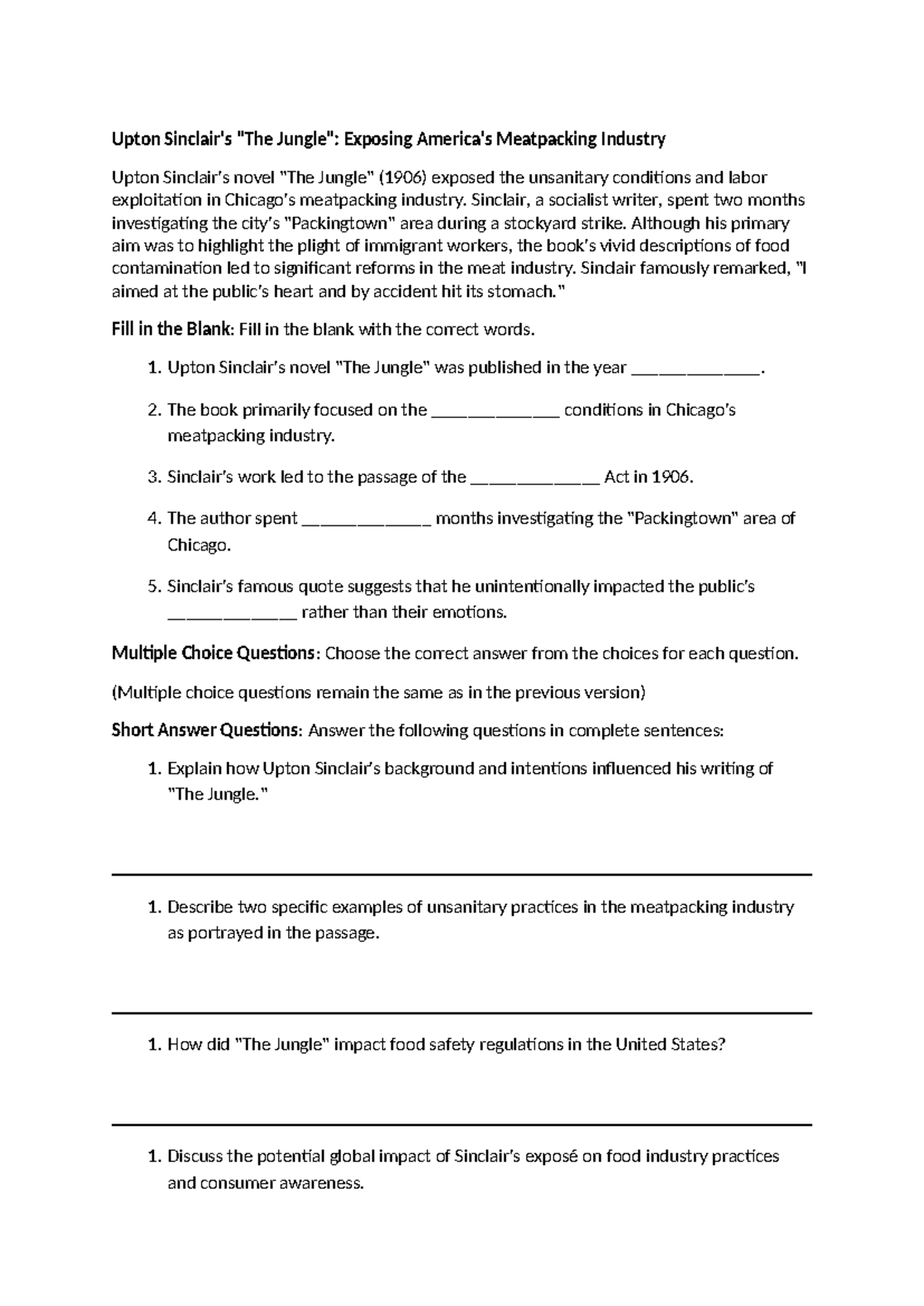 Jenise Sanchez - The Jungle Worksheet - Upton Sinclair's "The Jungle ...