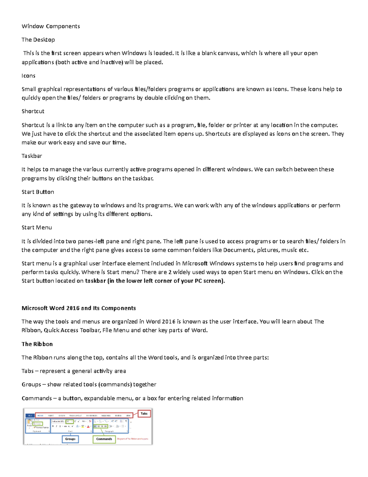 Computer: Windows and Microsoft Word - Window Components The Desktop ...