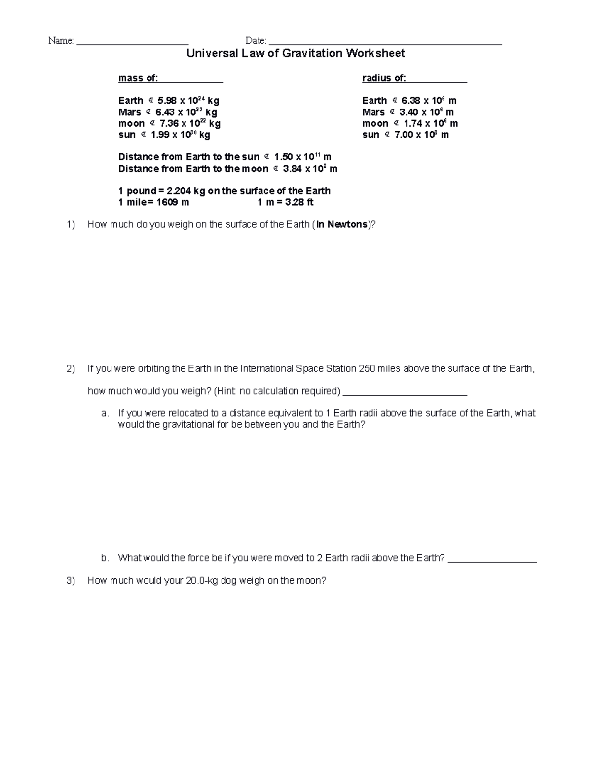 Chapter 8 - Universal Law of Gravitation - Name: Date: Universal Law of ...