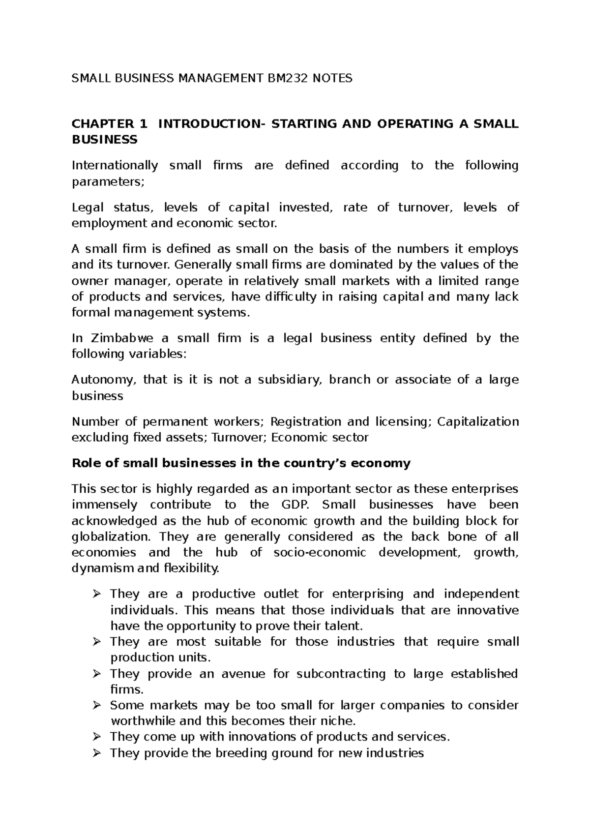 Small Business Management BM232 Notes - SMALL BUSINESS MANAGEMENT BM232 ...