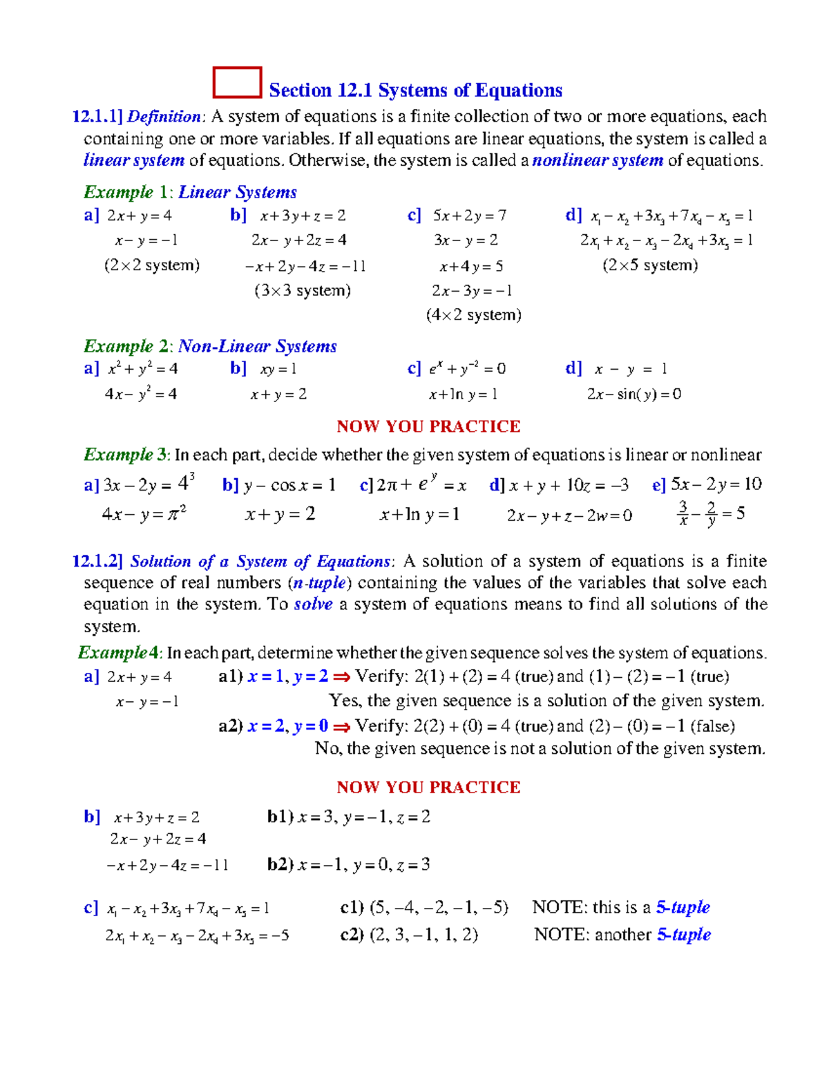 12 - NOTES - Section 12 Systems of Equations 12. 1. 1 ] Definition : A ...
