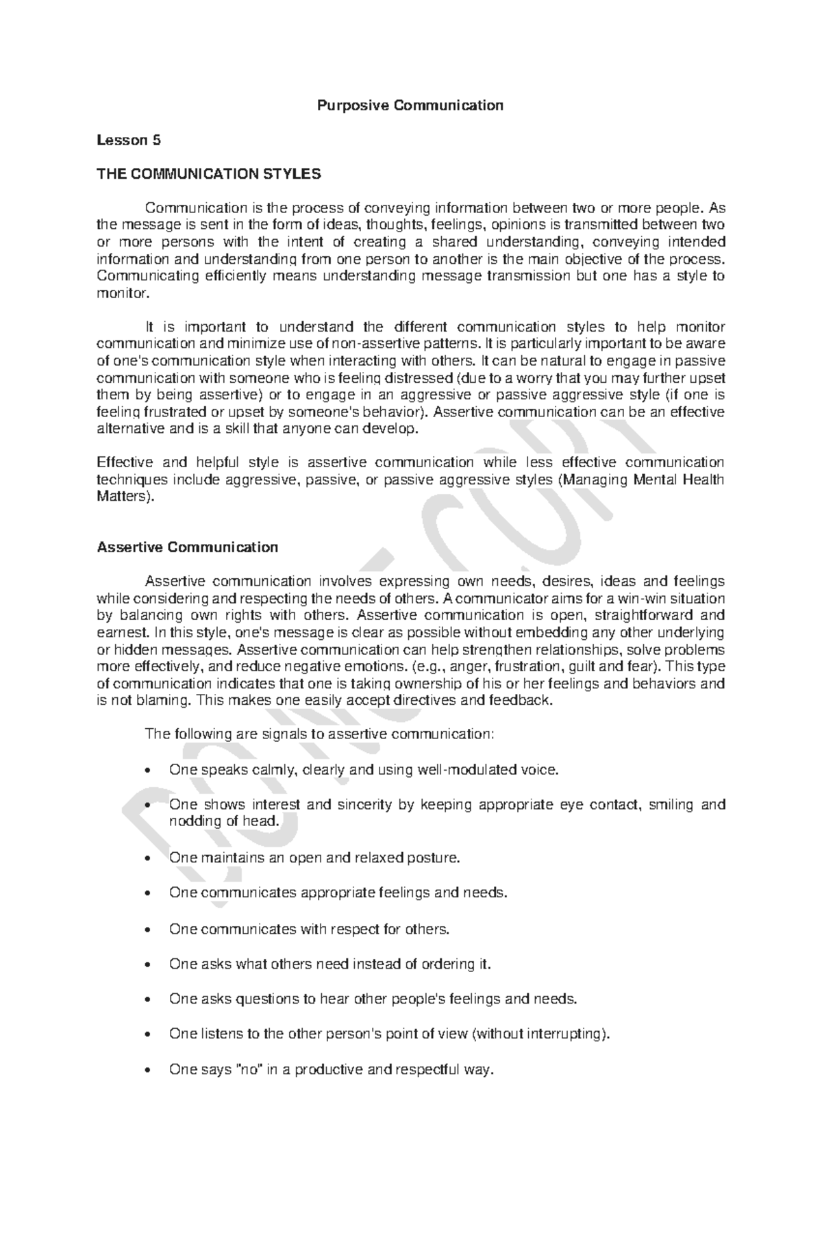 Purposive Communication Chapter 5 - Purposive Communication Lesson 5 THE COMMUNICATION STYLES ...