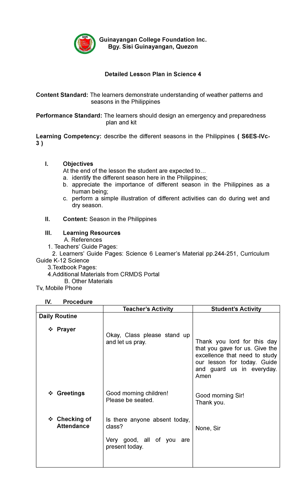 Lesson PLAN IN Environmental Management - Guinayangan College ...