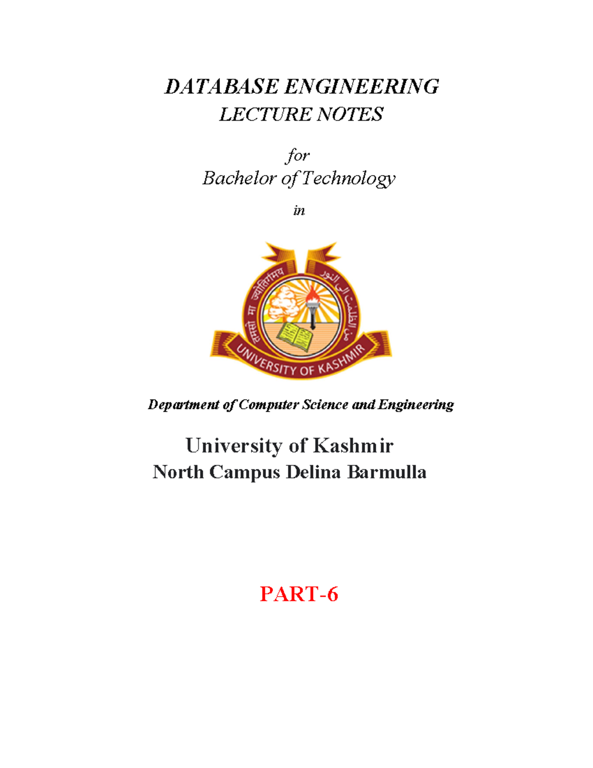 Database Engineering Cse Part 6 Database Engineering Lecture Notes 7567