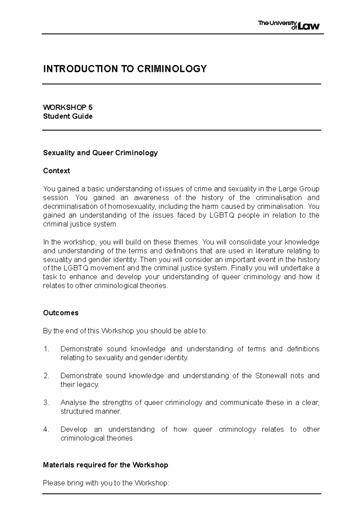 Introduction to Criminology WS5 - INTRODUCTION TO CRIMINOLOGY WORKSHOP ...