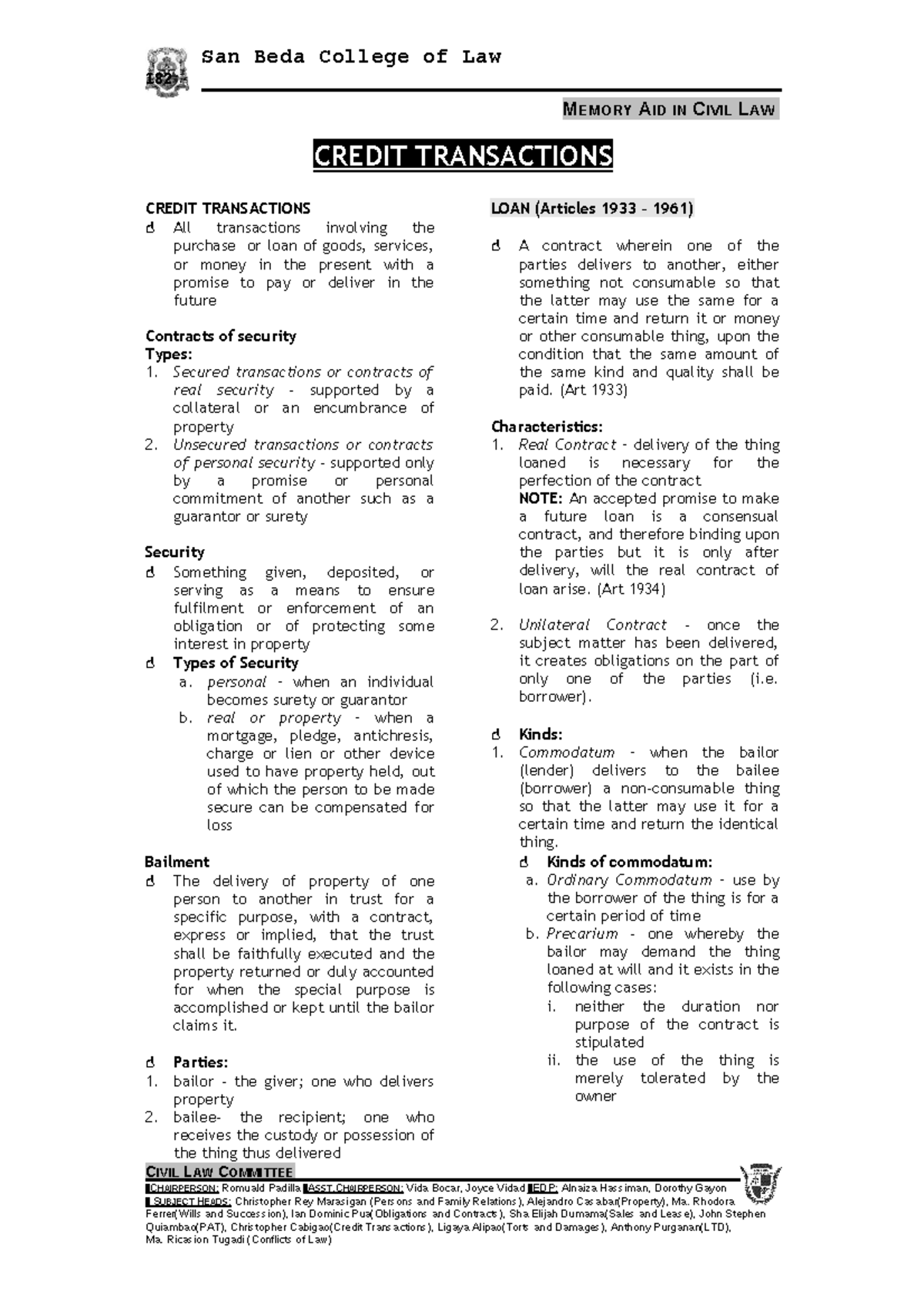 Credit transaction-reviewer - 182 MEMORY AID IN CIVIL LAW CREDIT ...