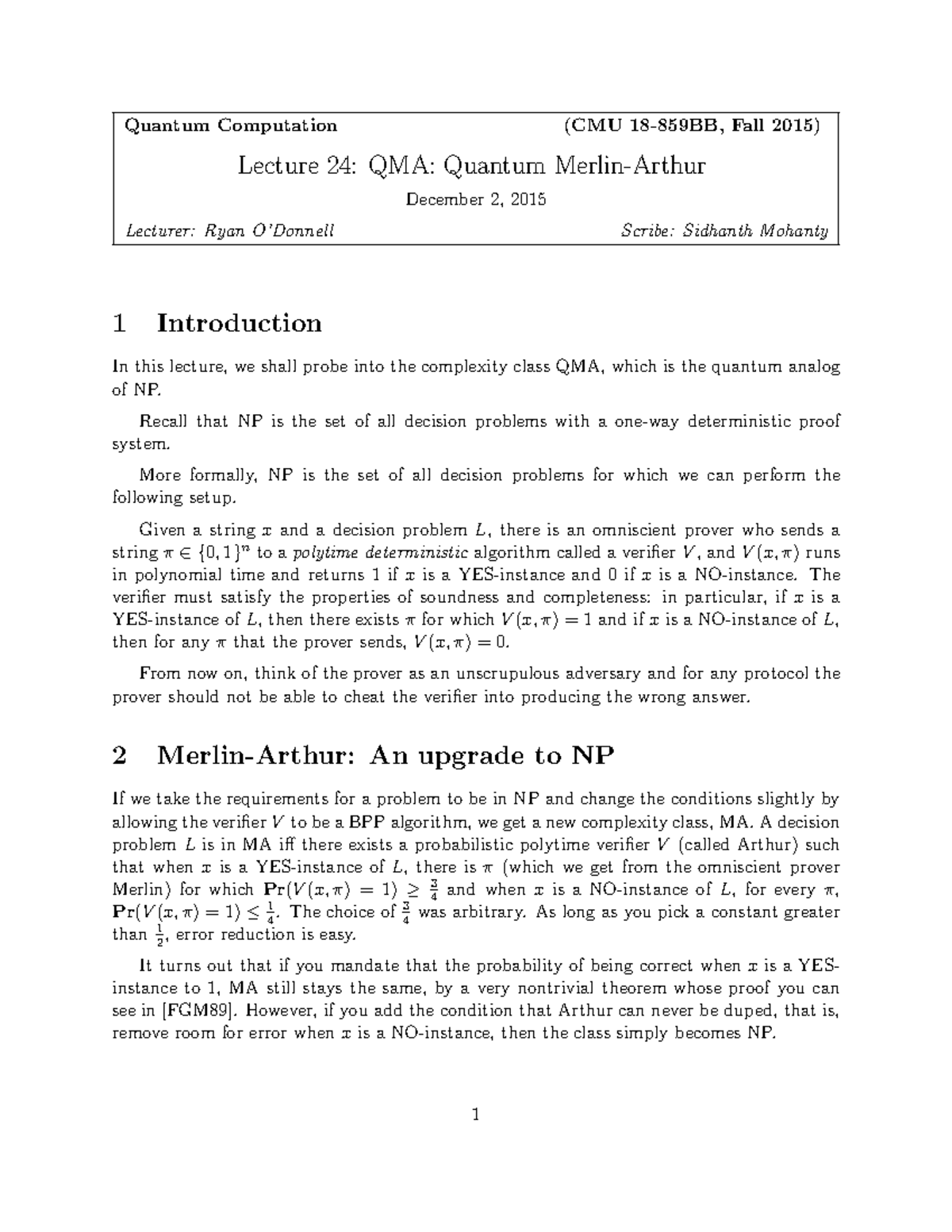 Lecture 24 Quantum Computation Cmu 18 859bb Fall 2015 Lecture 24 Qma Quantum Merlin