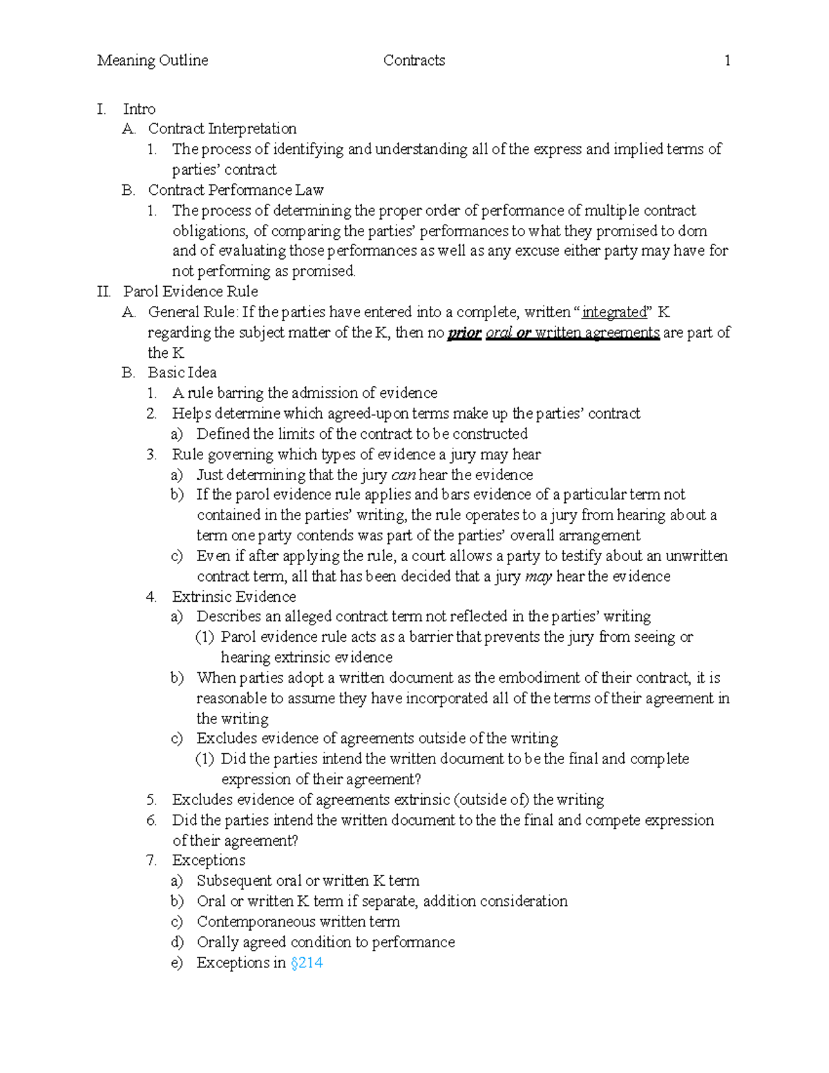 Contracts Meaning Outline - I. Intro A. Contract Interpretation 1. The ...