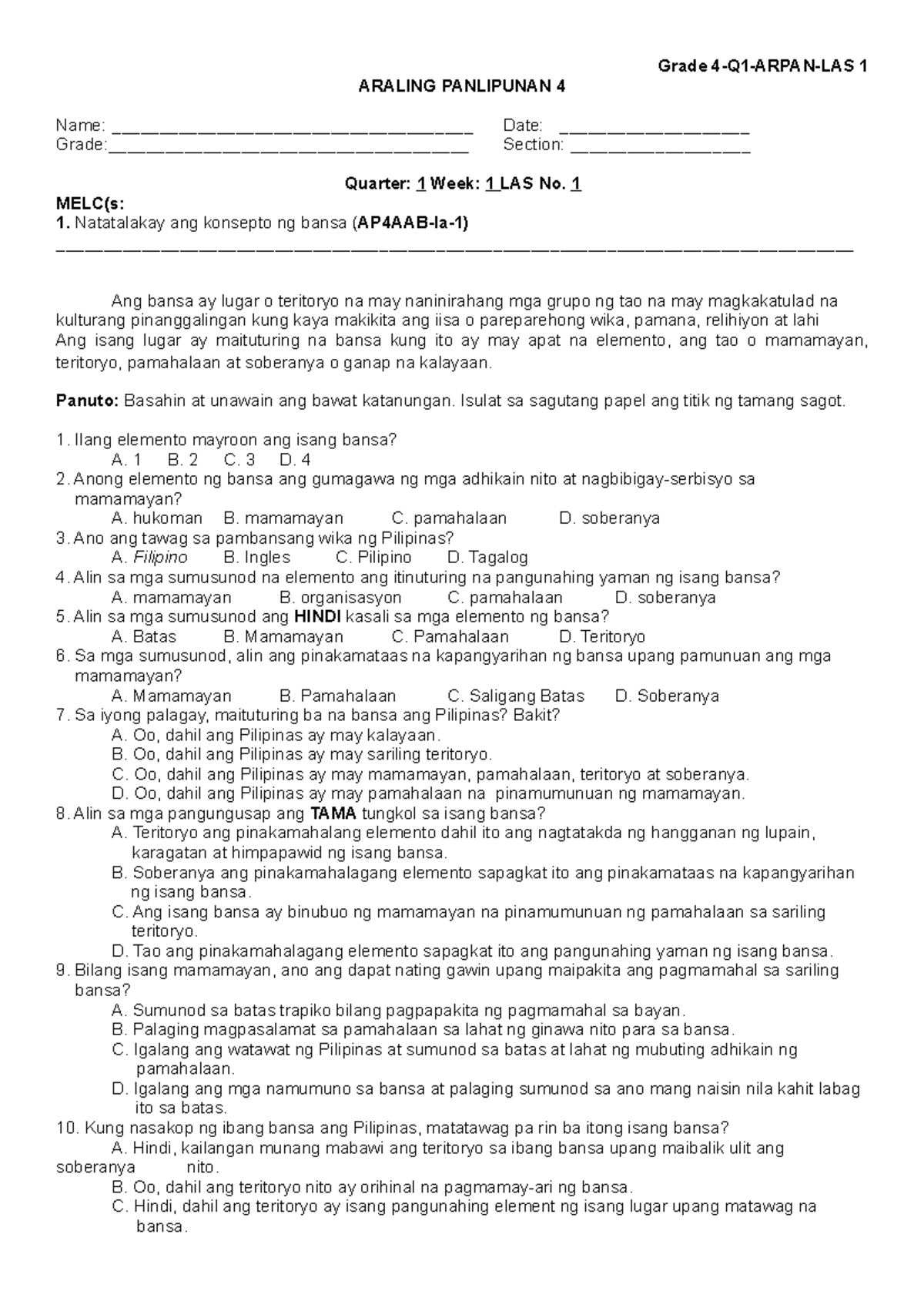 Grade 4-Q1- Arpan-LAS 1 - Grade 4-Q1-ARPAN-LAS 1 ARALING PANLIPUNAN 4 ...