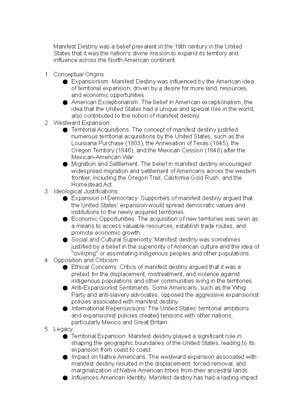 Manifest destiny - Notes in class - Manifest Destiny was a belief ...