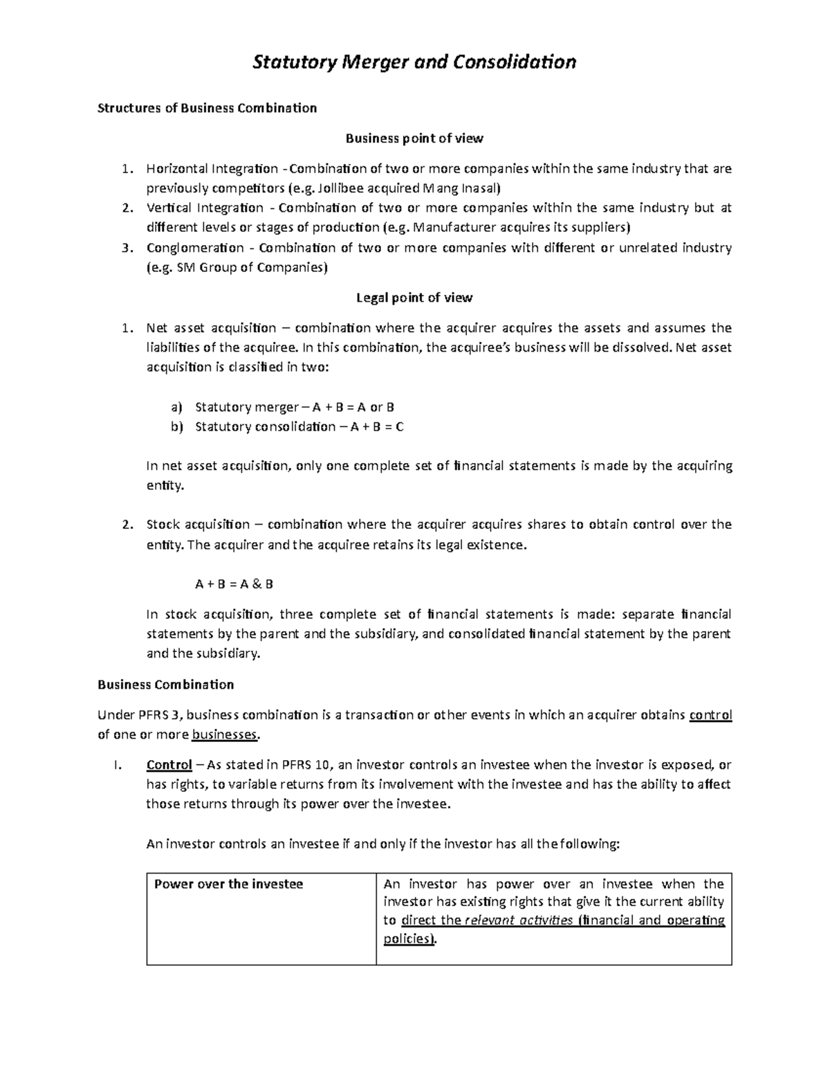 Statutory Merger and Consolidation - Statutory Merger and ConsolidaƟon ...