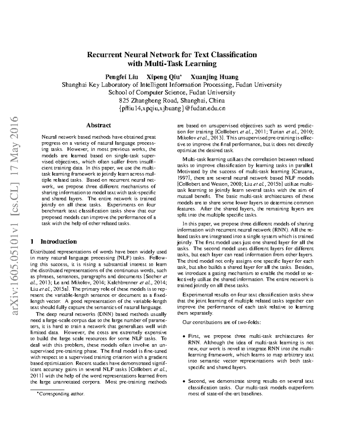 Recurrent Neural Network For Text Classification With Multi Task Learning Recurrent Neural