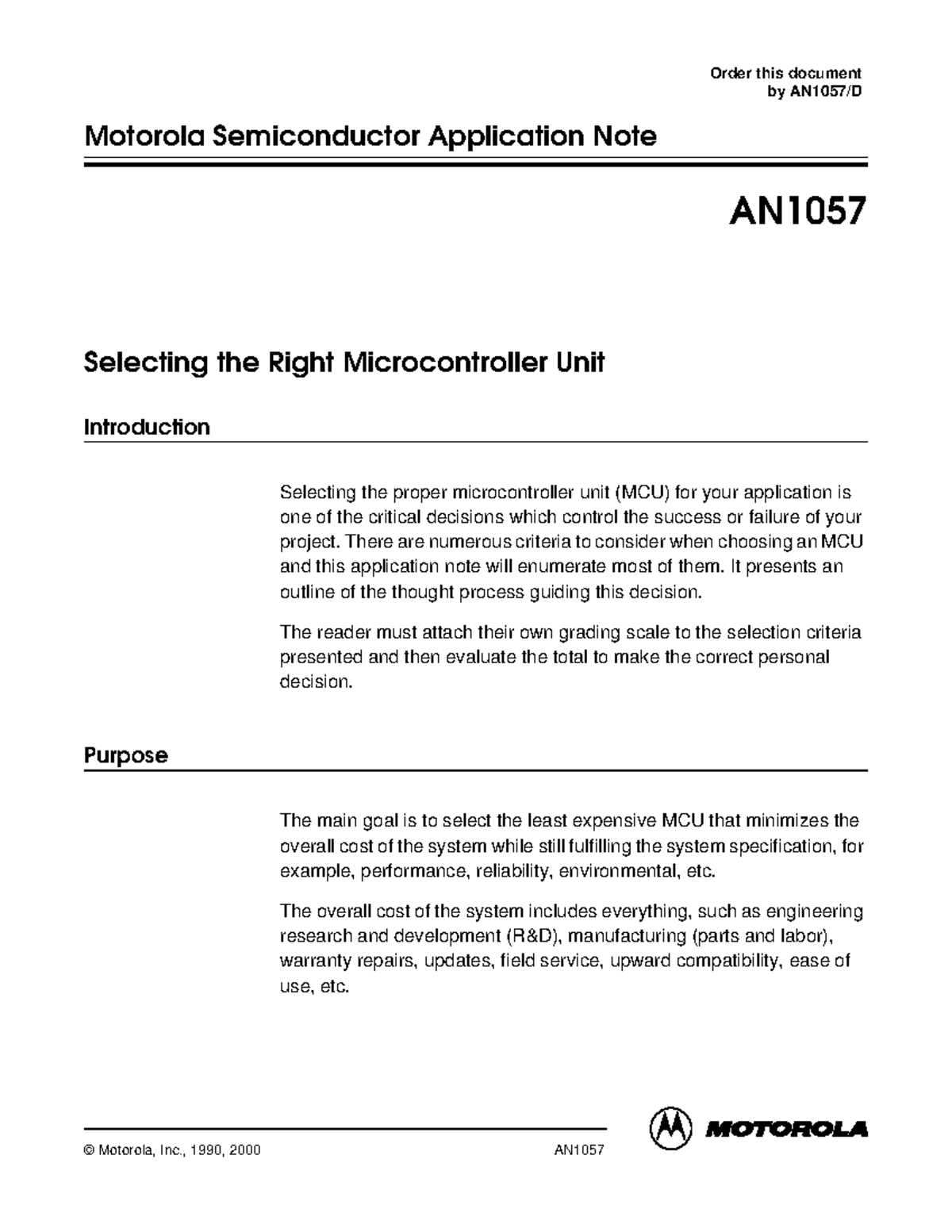 Microcontroller Selection - © Motorola, Inc., 1990, 2000 AN Order this ...
