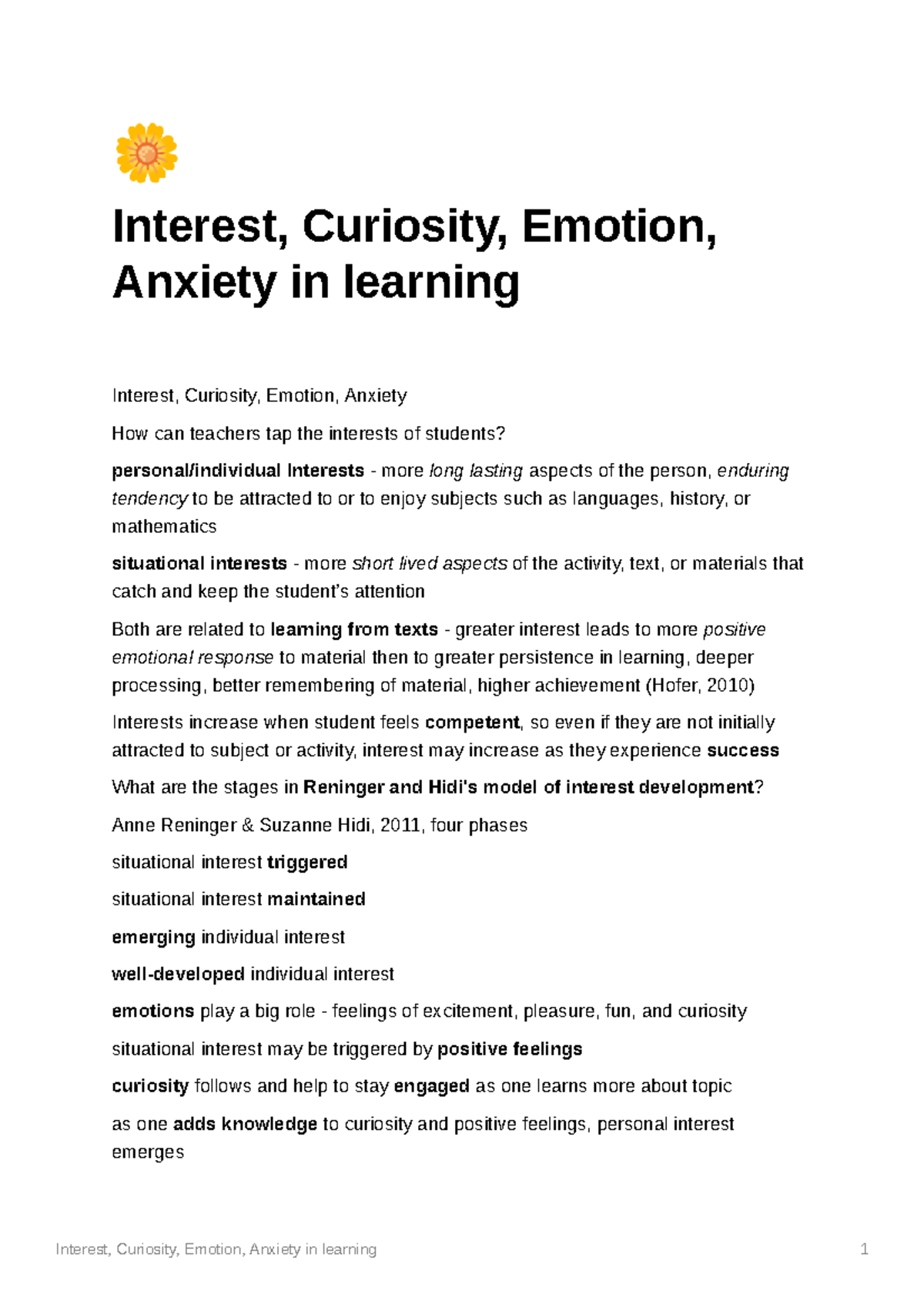Interest Curiosity Emotion Anxiety in learning - 1 Interest, Curiosity ...