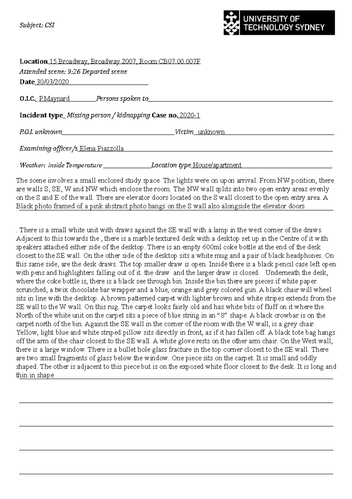 Case file cover sheet - CSI subjects - Subject: CSI Location 15 ...