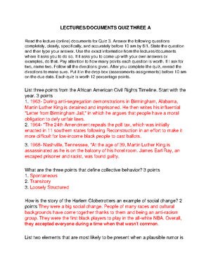 Lecture Quiz 1 - LECTURES/ DOCUMENTS QUIZ ONE A Read the lectures (online) documents for Quiz 1 ...