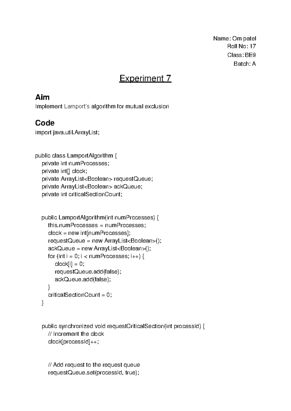 BE9 exp7 17 - asdad - Experiment 7 Aim Implement Lamport’s algorithm for mutual exclusion Code ...
