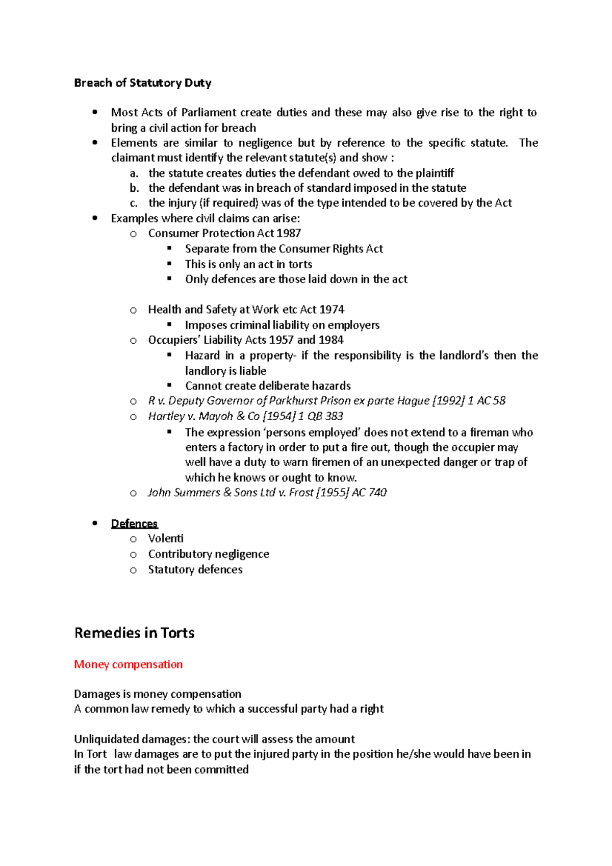 Breach of Statutory Duty - The claimant must identify the relevant ...