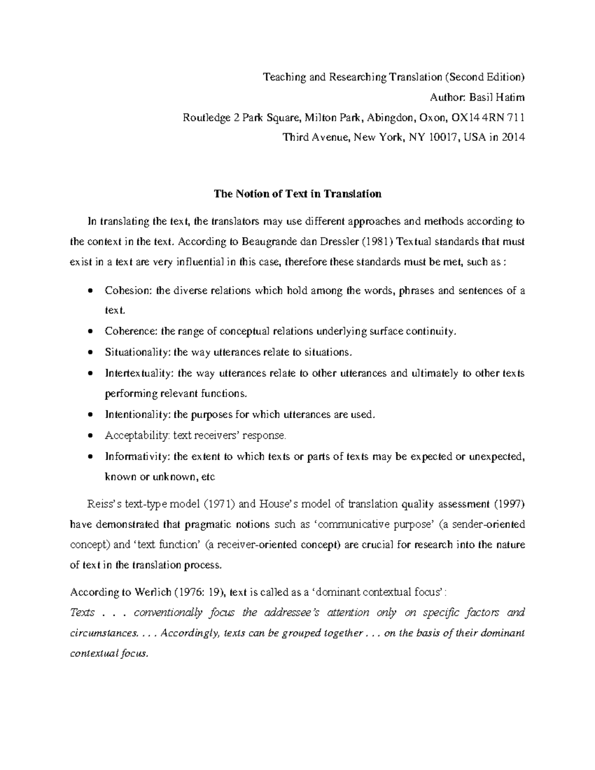 The Notion of Text in Translation - Teaching and Researching ...