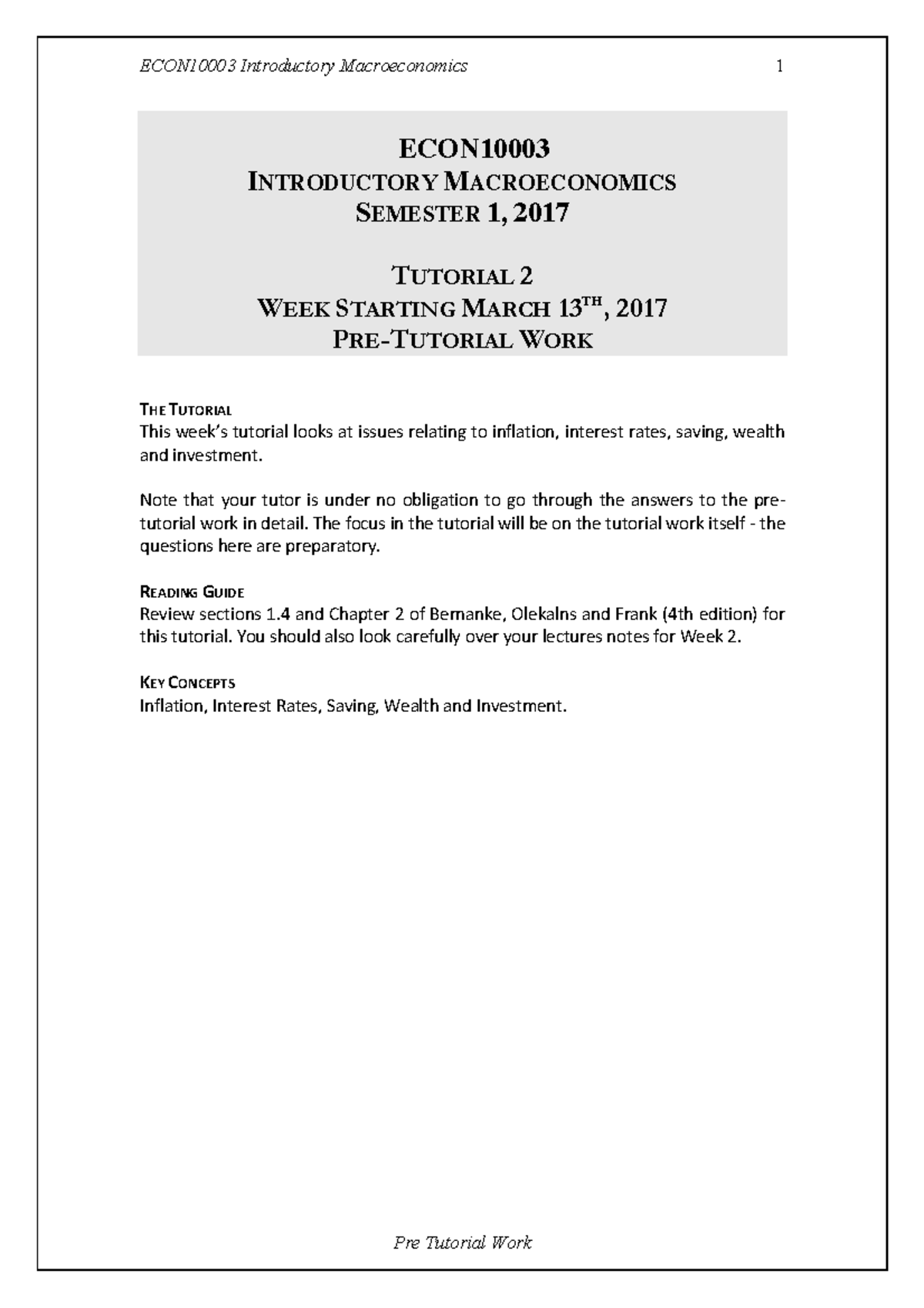 T2 Pre Tutorial Tasks SOLS - 1 ECON I NTRODUCTORY MACROECONOMICS S EMESTER 1 , 2017 TUTORIAL 2 ...