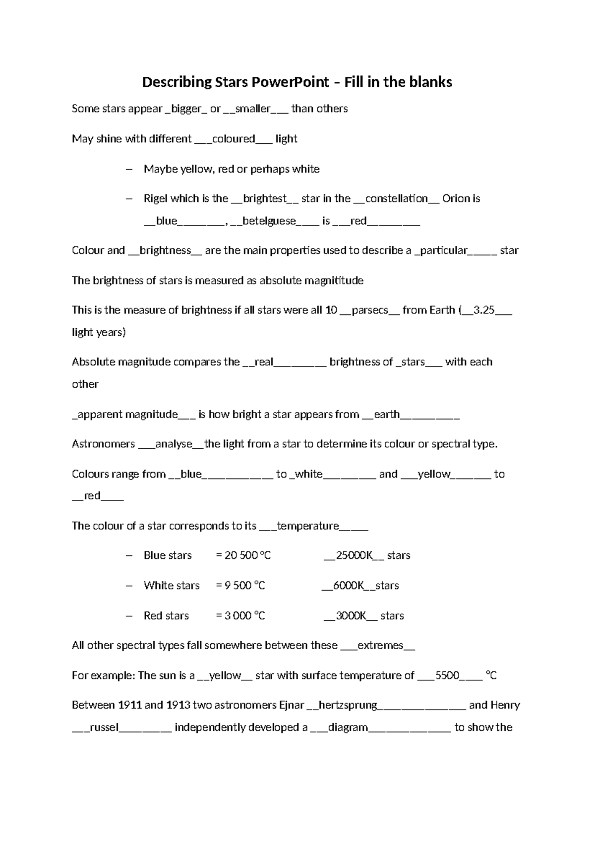 10.4 Star Wars Describing Stars Fill in Blank - Describing Stars ...