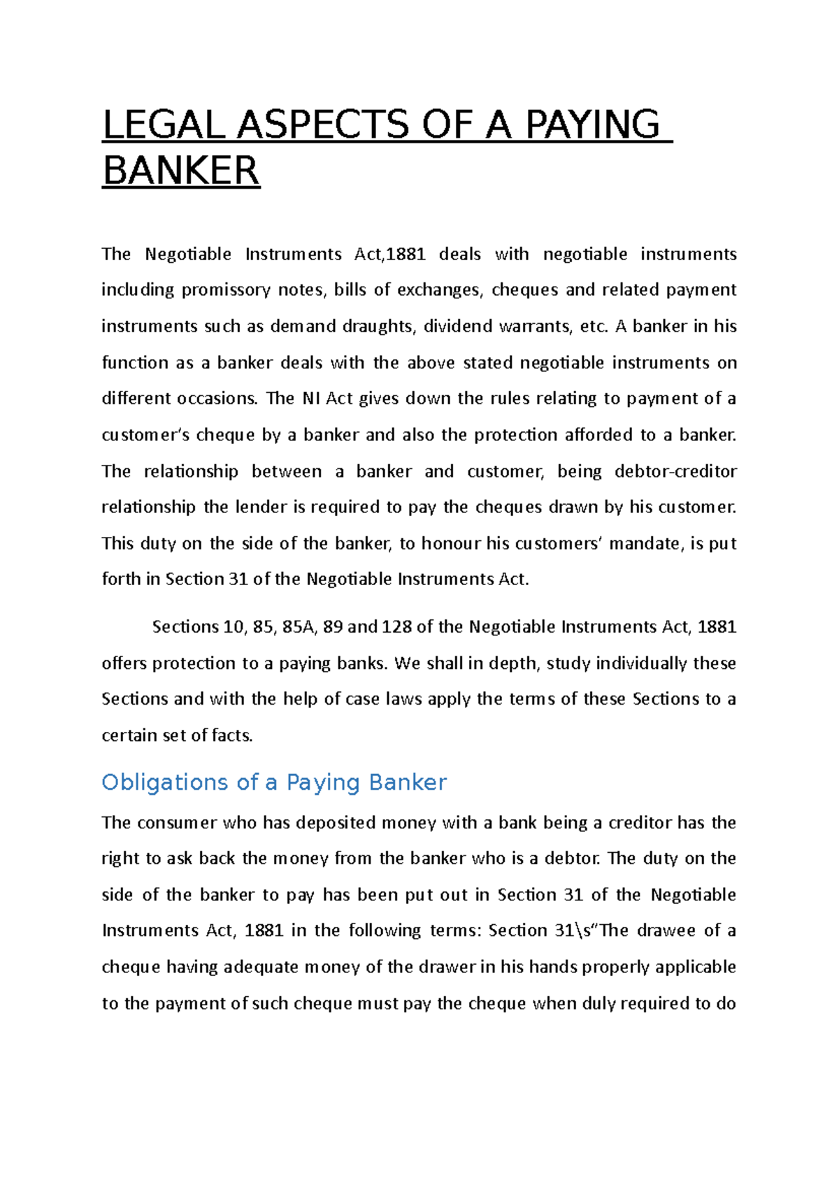 Legal Aspects OF A Paying Banker - LEGAL ASPECTS OF A PAYING BANKER The ...