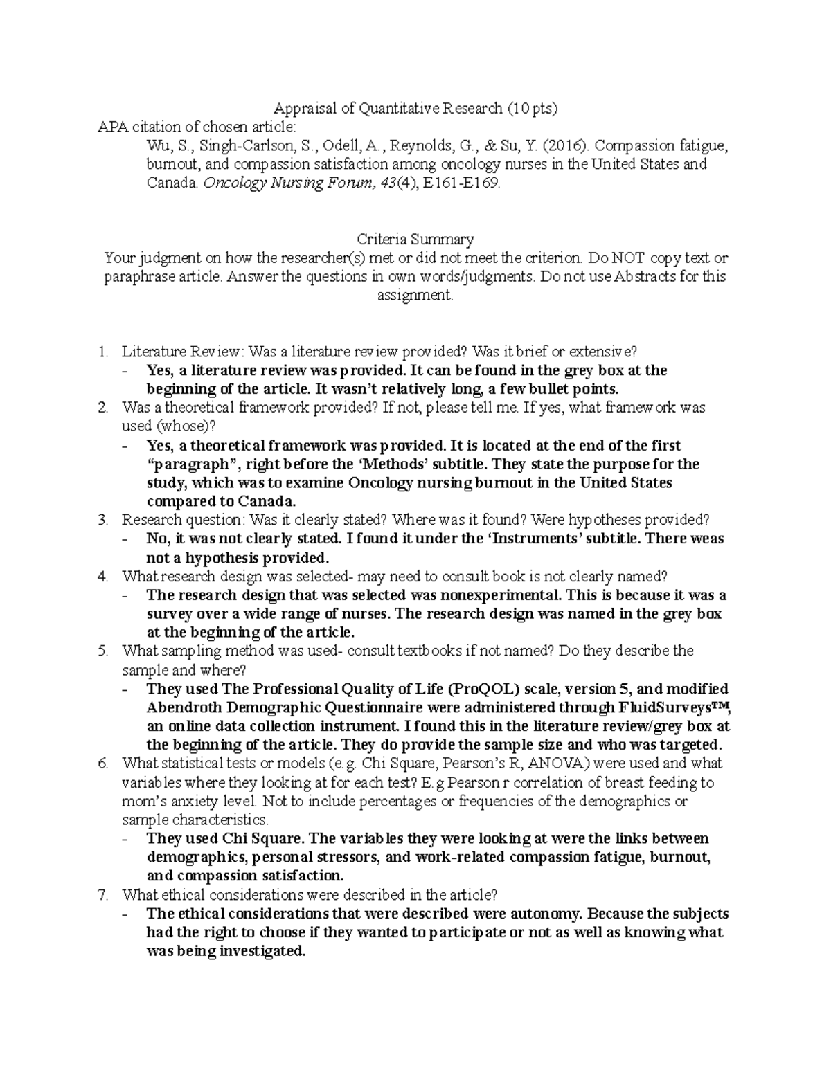 Quantitative Critique Worksheet - Appraisal of Quantitative Research ...