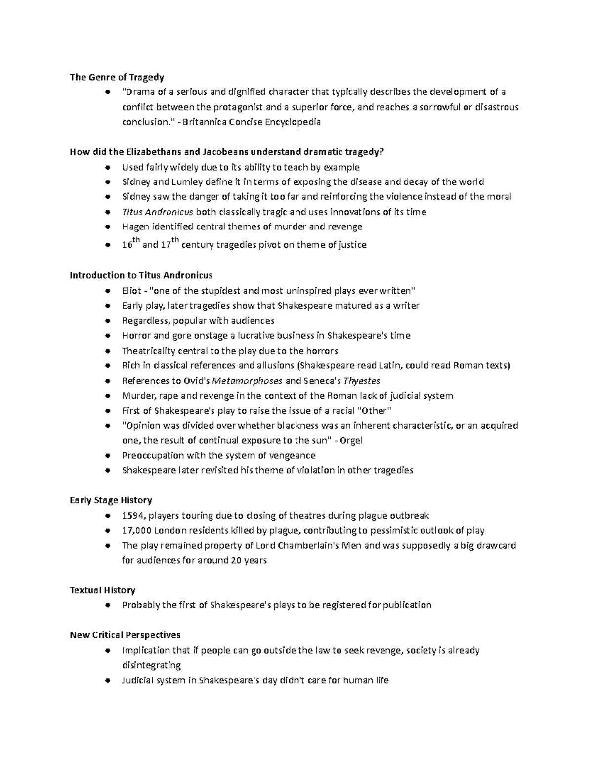 ENGL342 - Notes Weeks 4-5 - The Genre of Tragedy "Drama of a serious ...