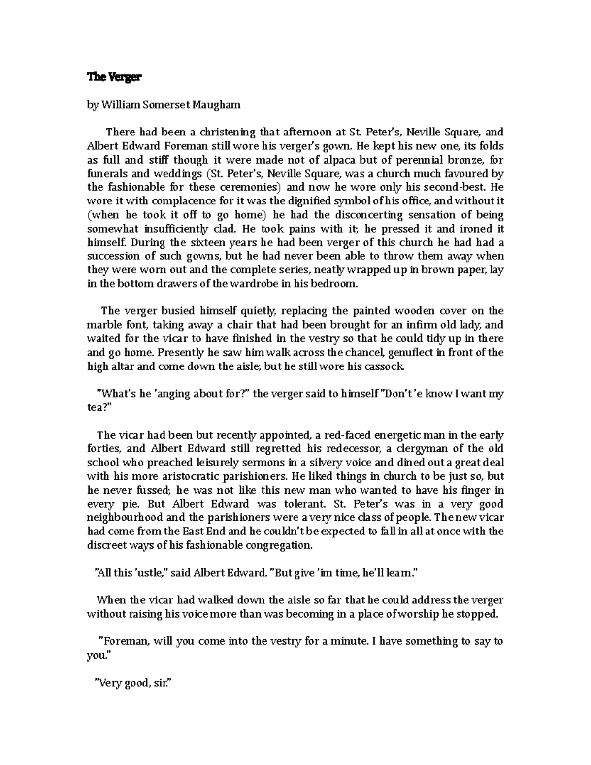 Week 8 - The Verger - Reading material on English Composition 1 - The ...