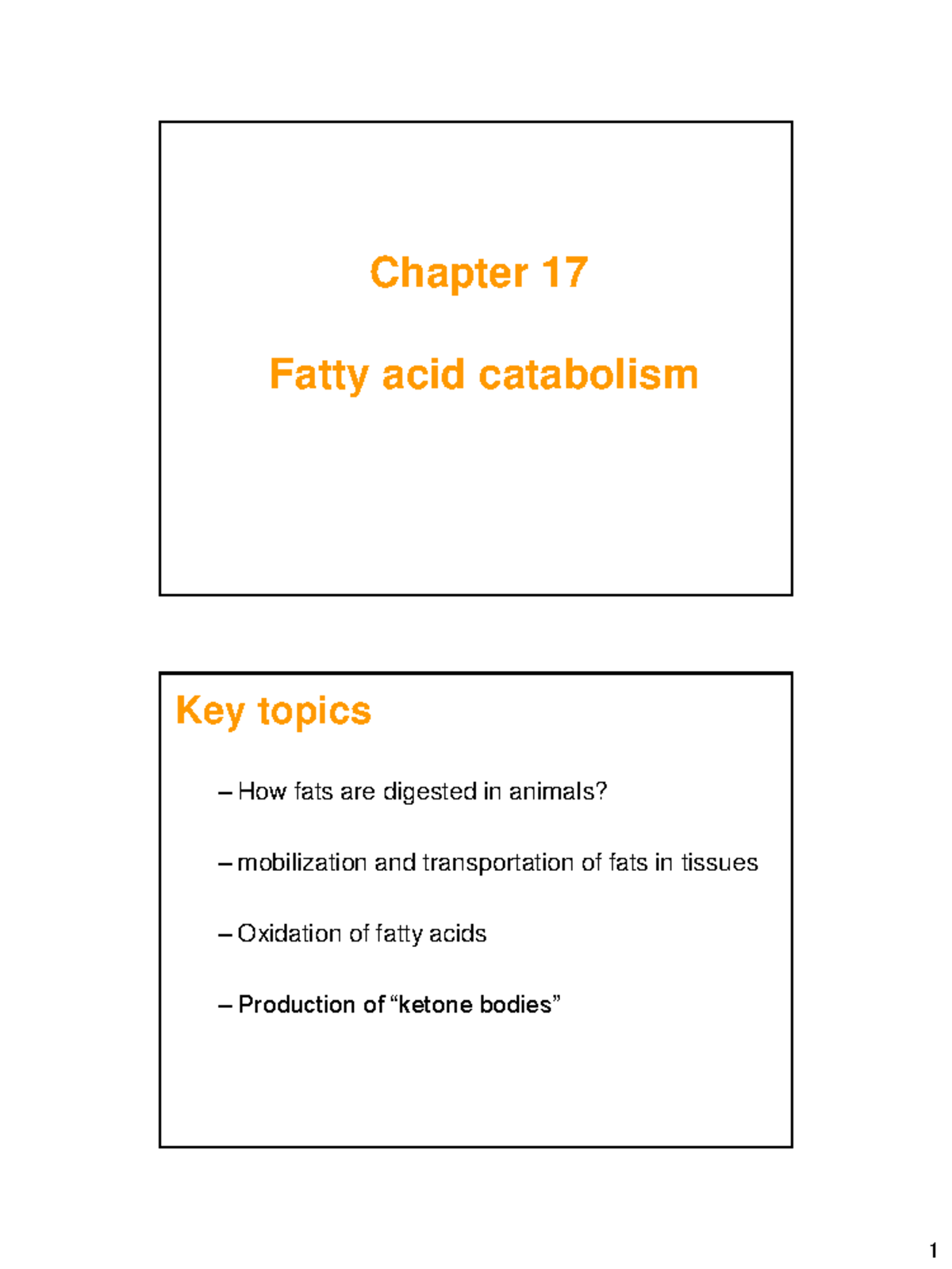 Chapter 17 - Lecture notes 17 - Chapter 17 Fatty acid catabolism Key ...