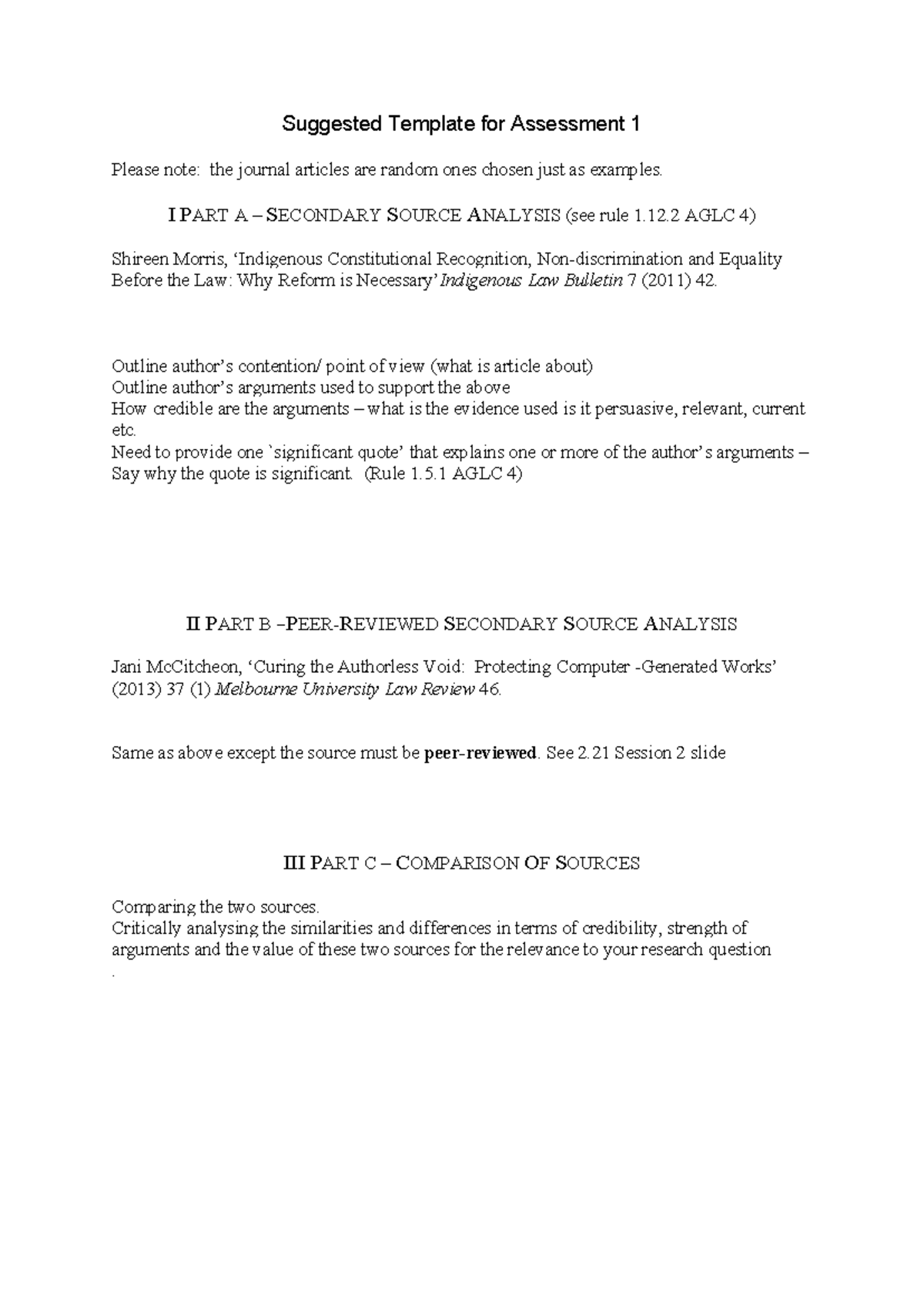 Assessment 1 - I PART A – SECONDARY SOURCE ANALYSIS (see rule 1.12 AGLC ...