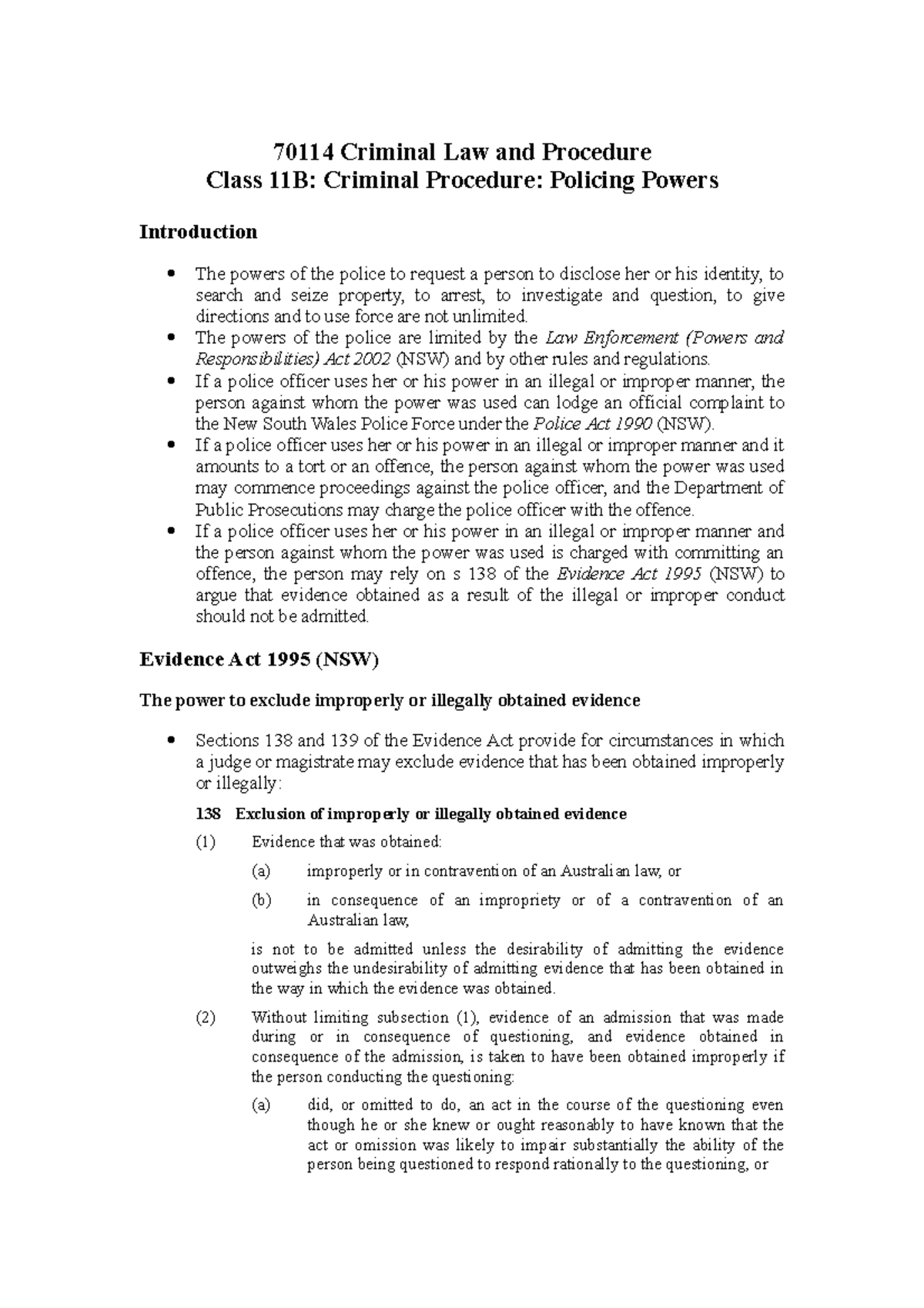 Policing Powers - Class 11B - 70114 Criminal Law and Procedure Class ...