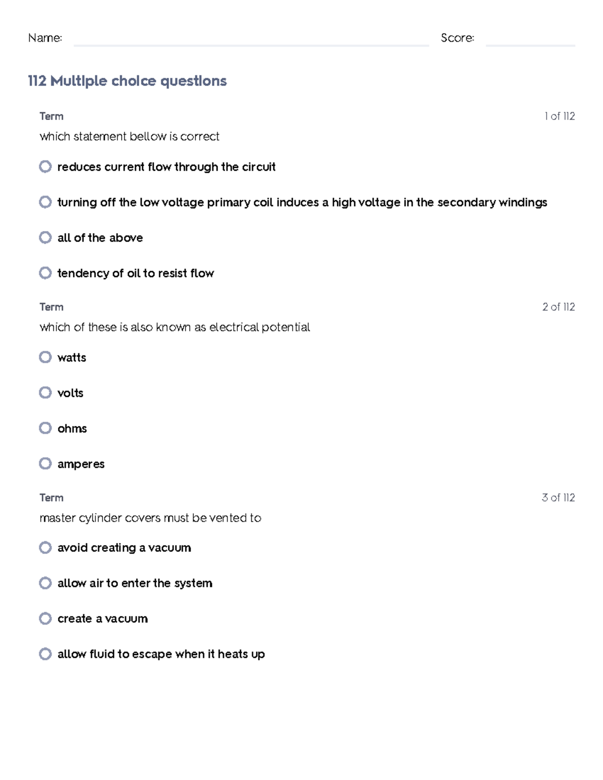 Auto Mechanics Final Exam Review - Name: Score: 112 Multiple choice ...
