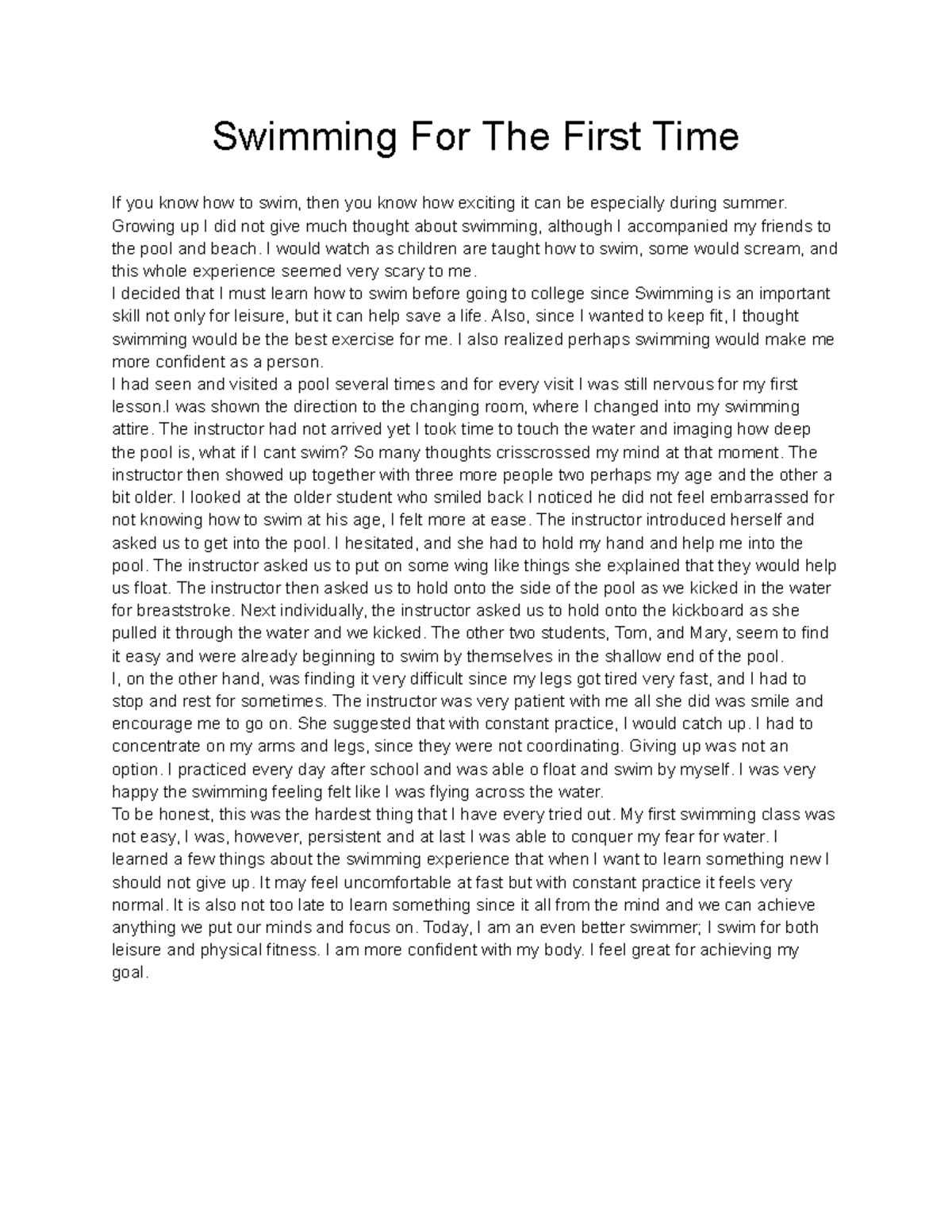 Swimming For The First Time - Growing up I did not give much thought ...