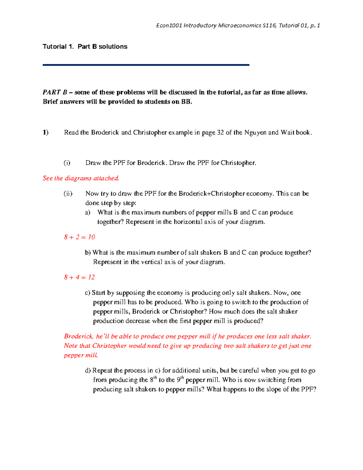 Econ1001 S116 Tutorial 01 Solutions Bb - Econ1001 Introductory Microeconomics S116, Tutorial 01 ...