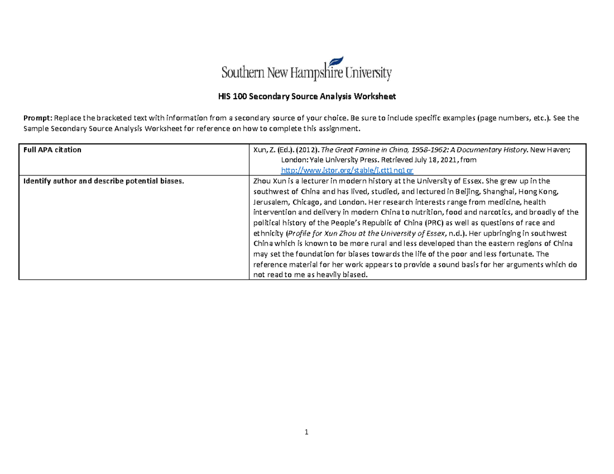 Module 3 Secondary Source Analysis Worksheet - 1 HIS 100 Secondary ...