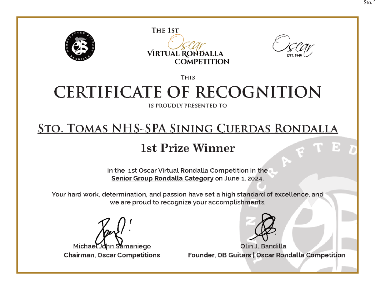 Sto. Tomas NHS SPA Sining Cuerdas - CERTIFICATE OF RECOGNITION Sto ...
