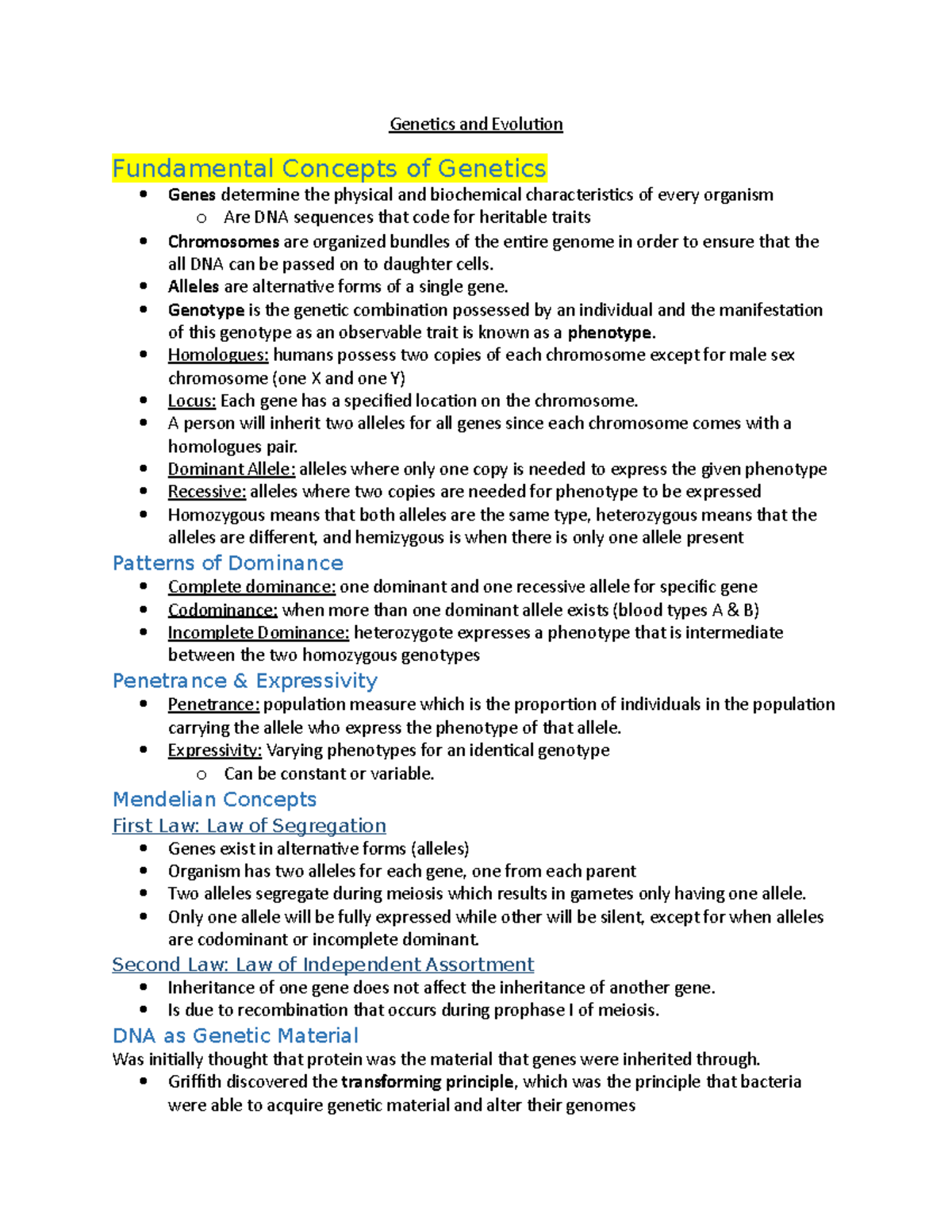 Genetics and Evolution - Genetics and Evolution Fundamental Concepts of ...
