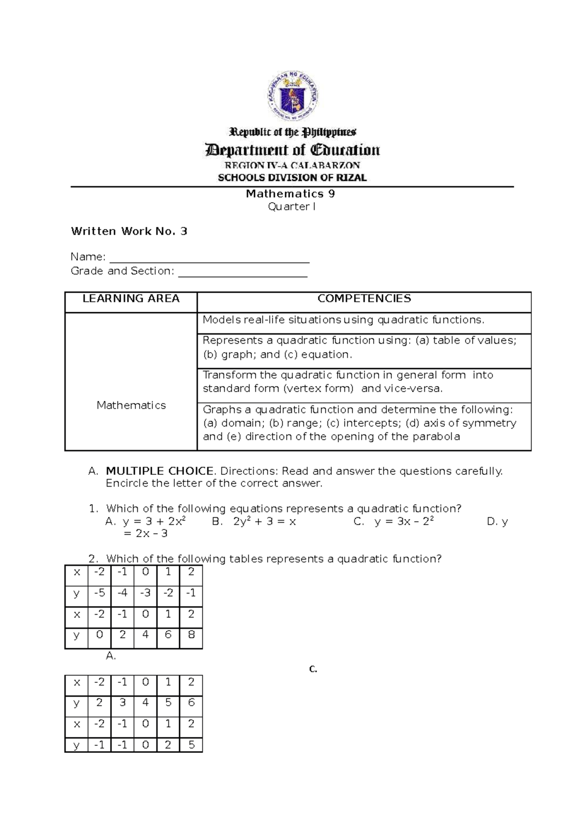 Grade 9 Q1 WW3 Mathematics - Mathematics 9 Quarter I Written Work No. 3 ...