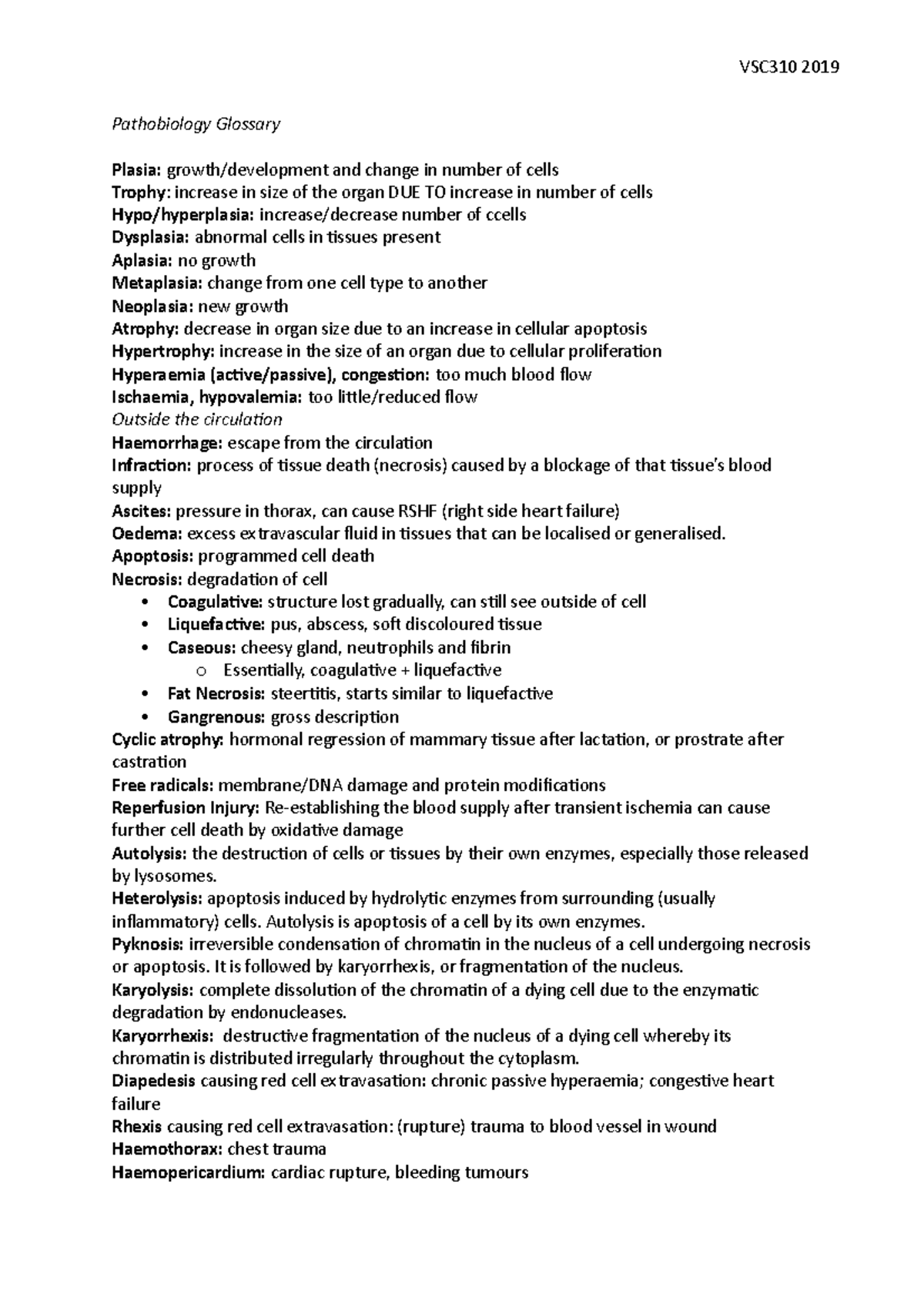 Pathobiology Glossary - VSC310 2019 Pathobiology Glossary Plasia ...