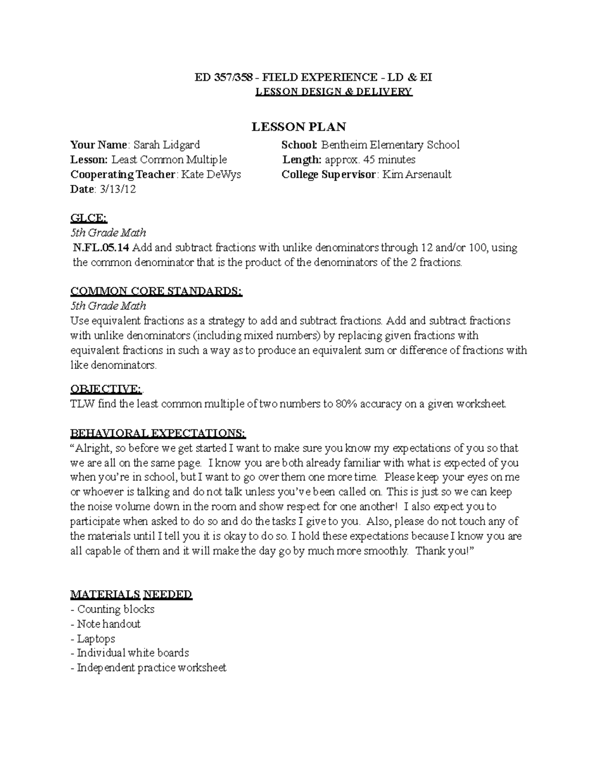 Least common multiple- 5th grade - ED 357/358 - FIELD EXPERIENCE - LD ...