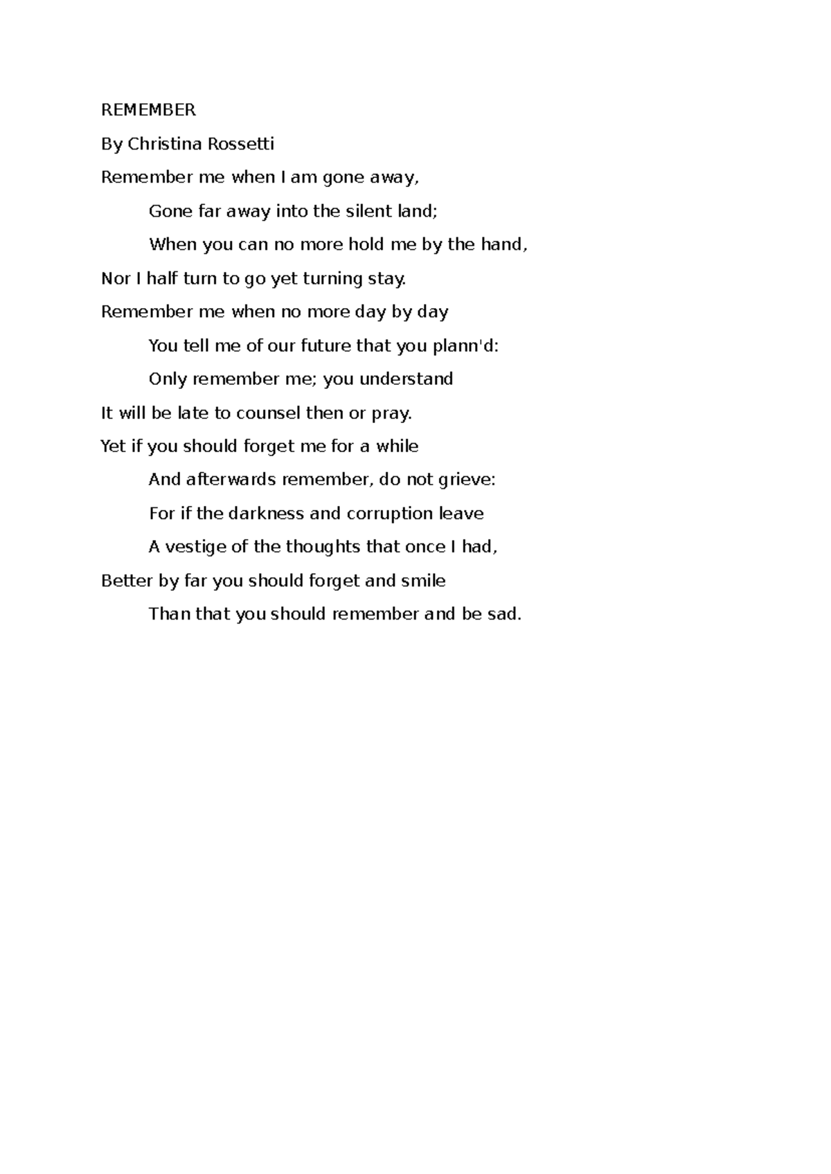 Remember by Christina Rossetti poem - REMEMBER By Christina Rossetti ...